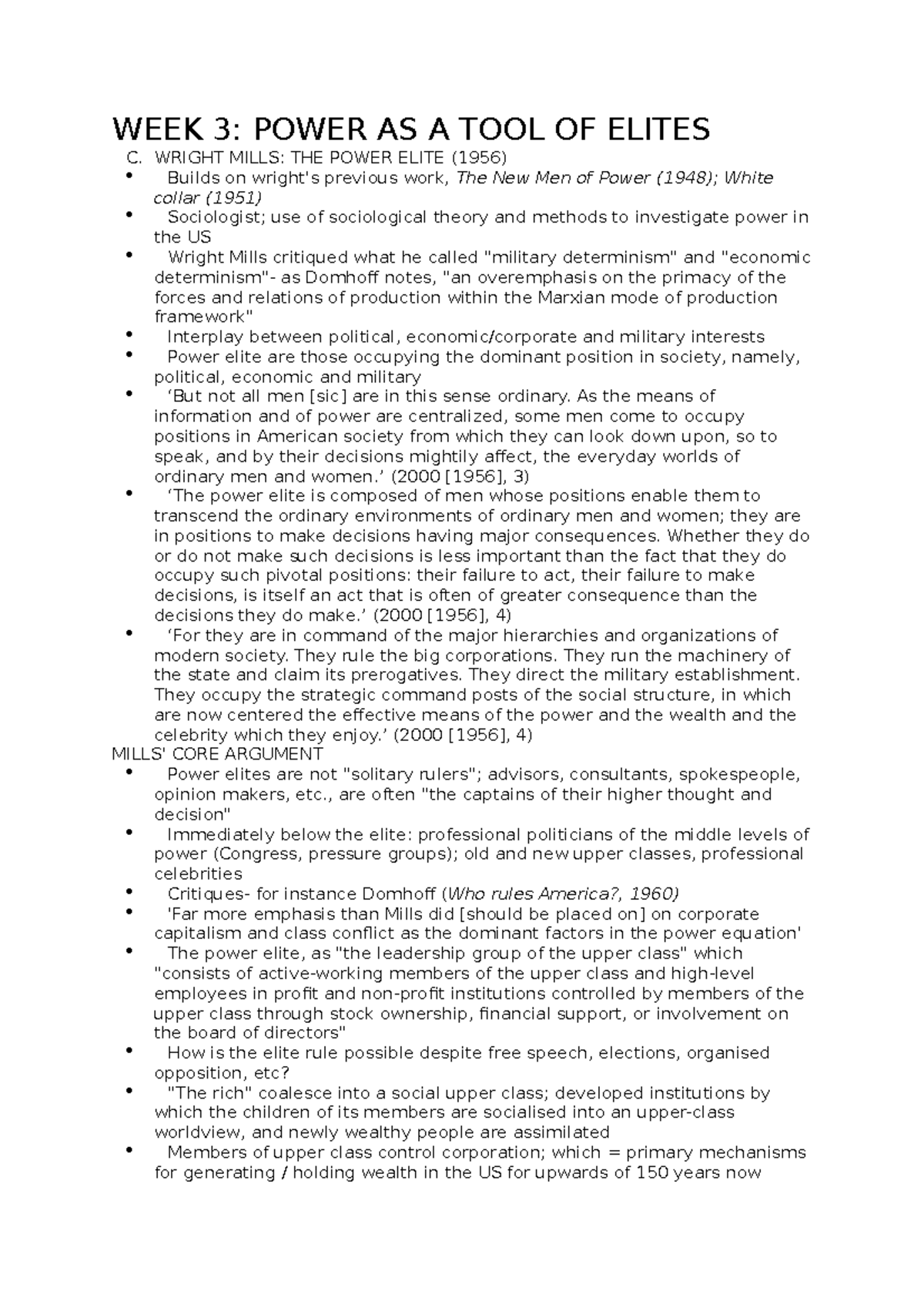 WEEK 3 - CHIVA - WEEK 3: POWER AS A TOOL OF ELITES C. WRIGHT MILLS: THE ...