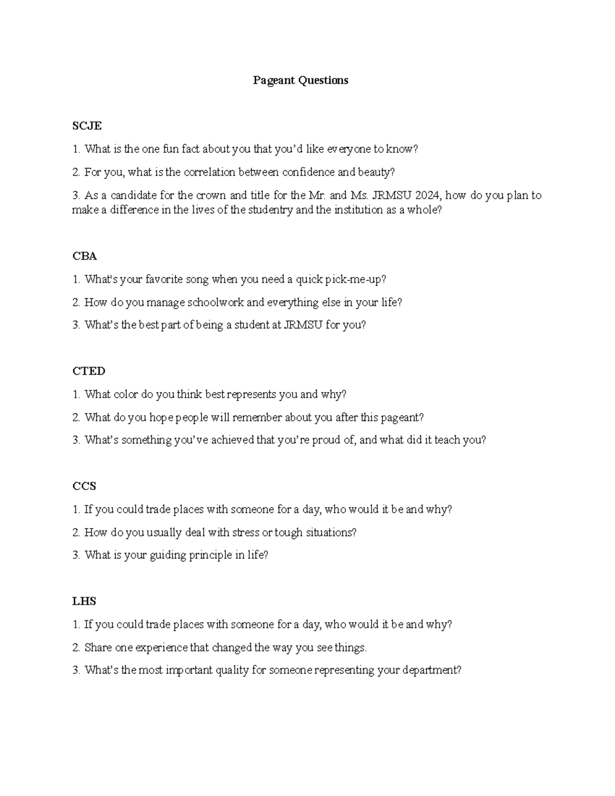 Pageant Questions - Hope this will help. - Pageant Questions SCJE What ...