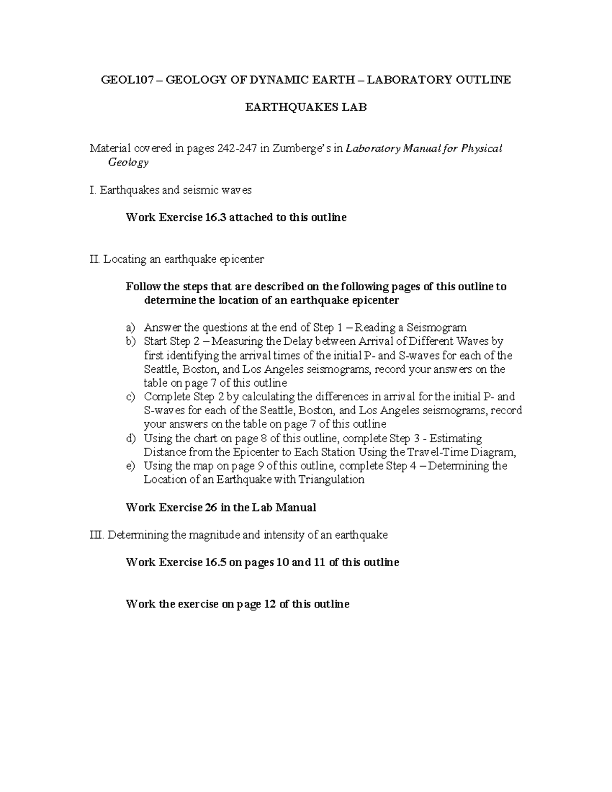GEOL107 Lab 8 Earthquakes Lab Outline - GEOL107 – GEOLOGY OF DYNAMIC EARTH – LABORATORY OUTLINE ...