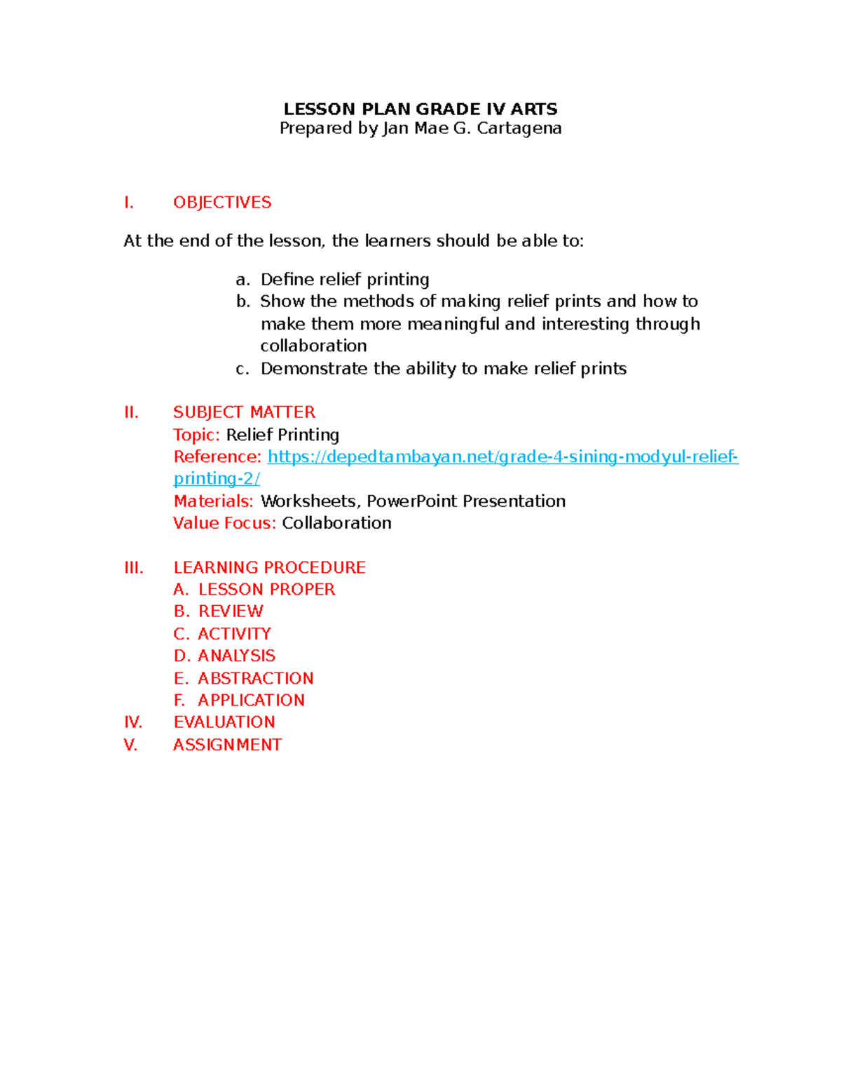Document (44) - LESSON PLAN GRADE IV ARTS Prepared by Jan Mae G ...