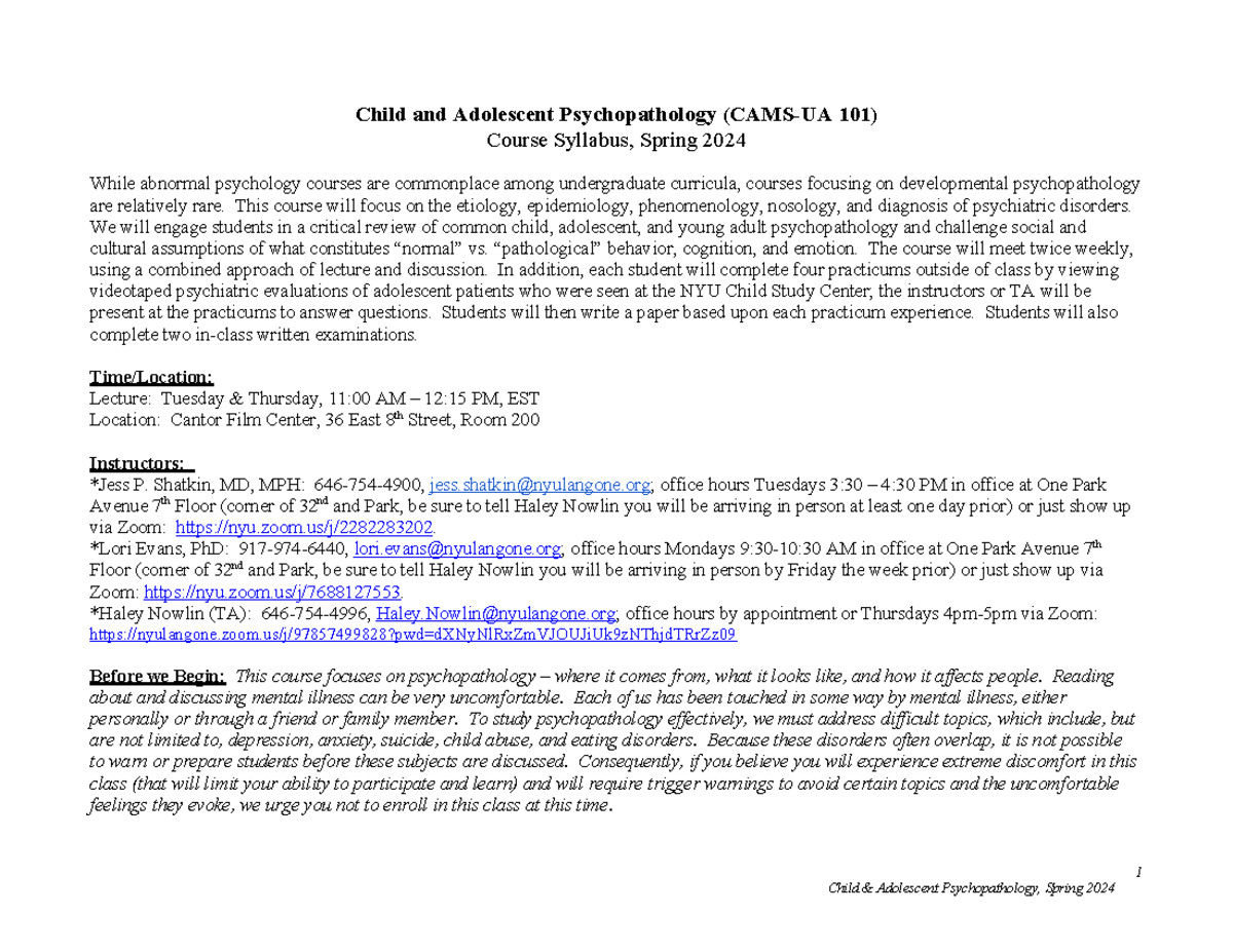 Child and Adolescent Psychopathology (CAMS-UA 101) - This course will ...