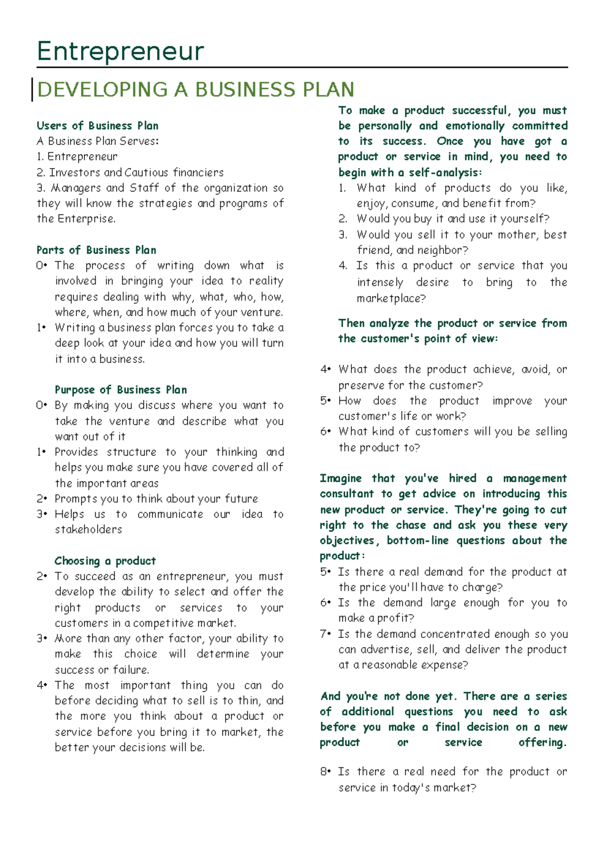 Entrep - my lecture notes - Entrepreneur DEVELOPING A BUSINESS PLAN ...