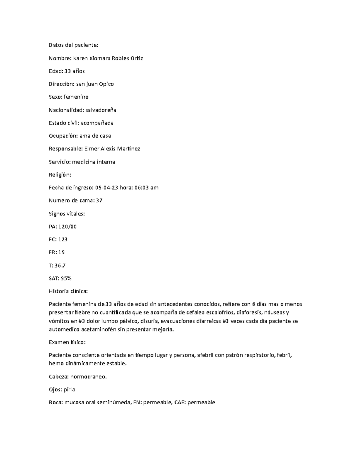 Lab clinico - Datos del paciente: Nombre: Karen Xiomara Robles Ortiz ...
