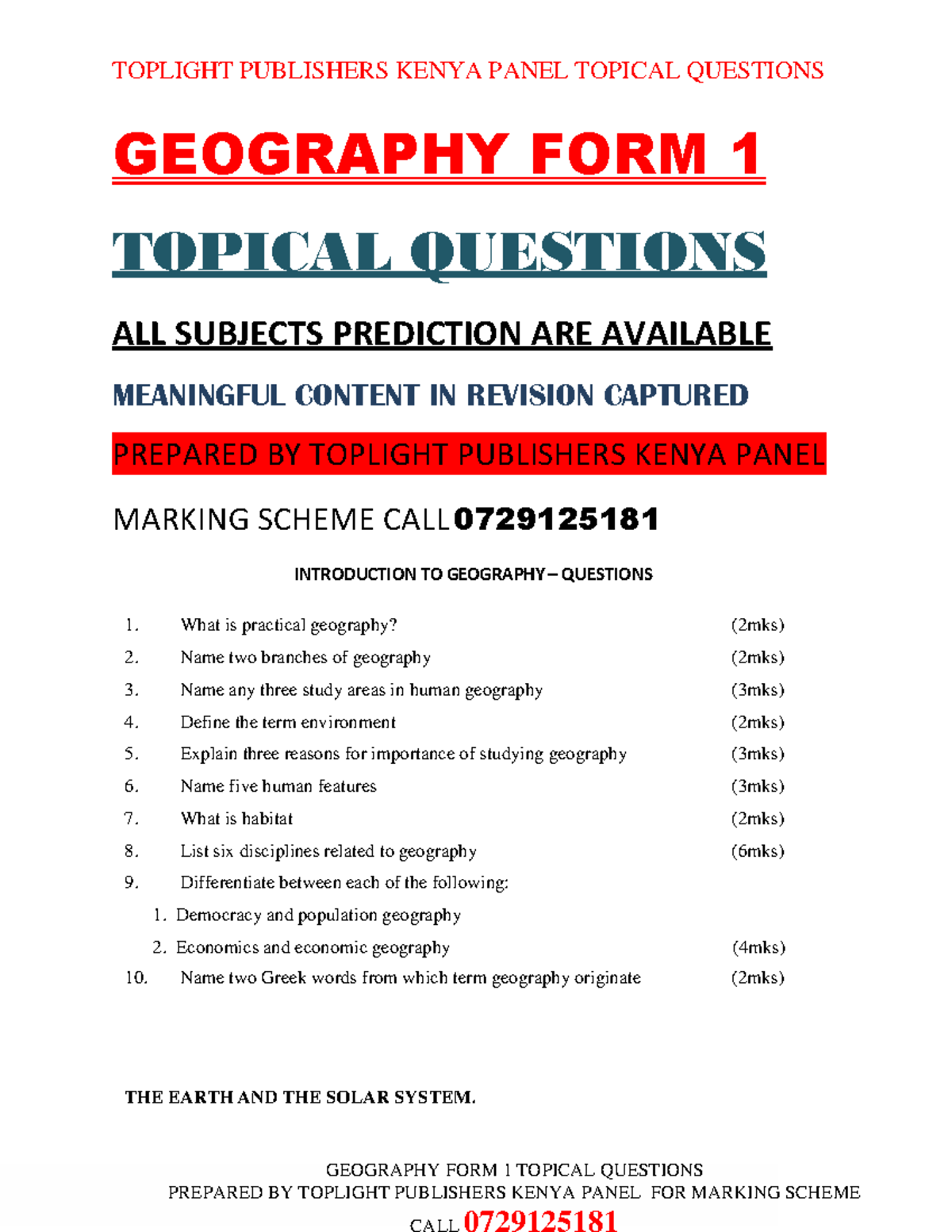 Geography FORM 1 Topical Questions - GEOGRAPHY FORM 1 TOPICAL QUESTIONS ...
