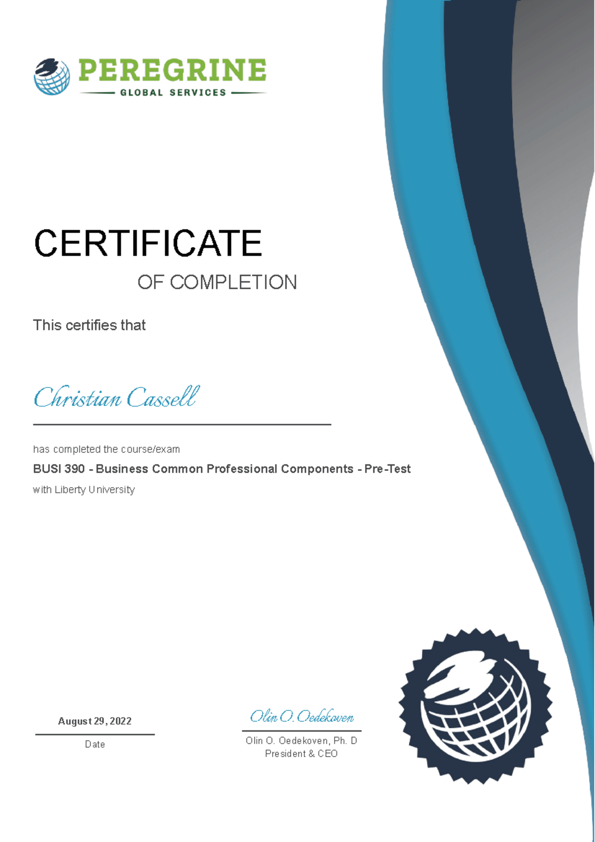 Cassell, Christian - PGS Completion Certificate 20220829-1808 - BUSI 390 - CERTIFICATE OF ...