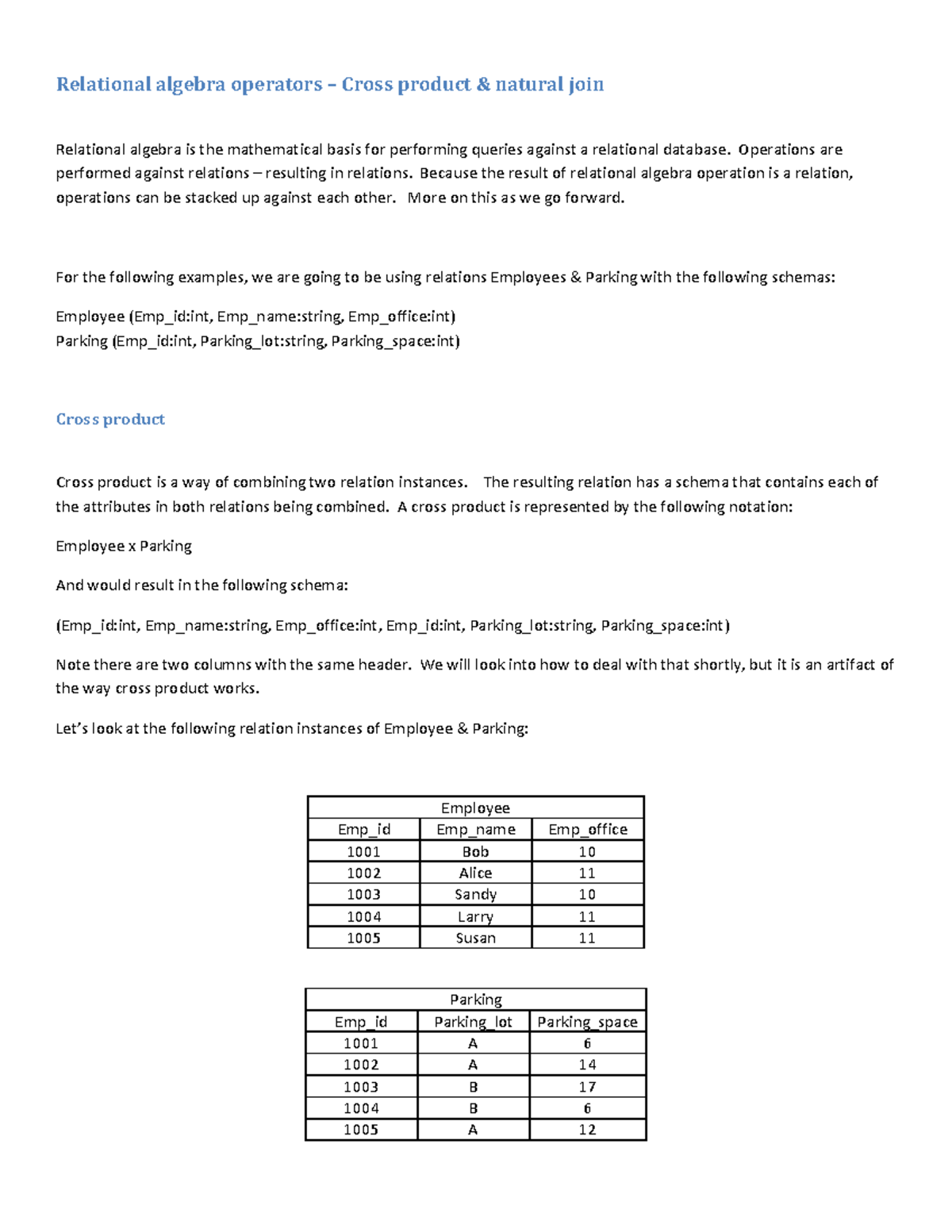 Relational algebra - cross product and natural join - Relational ...