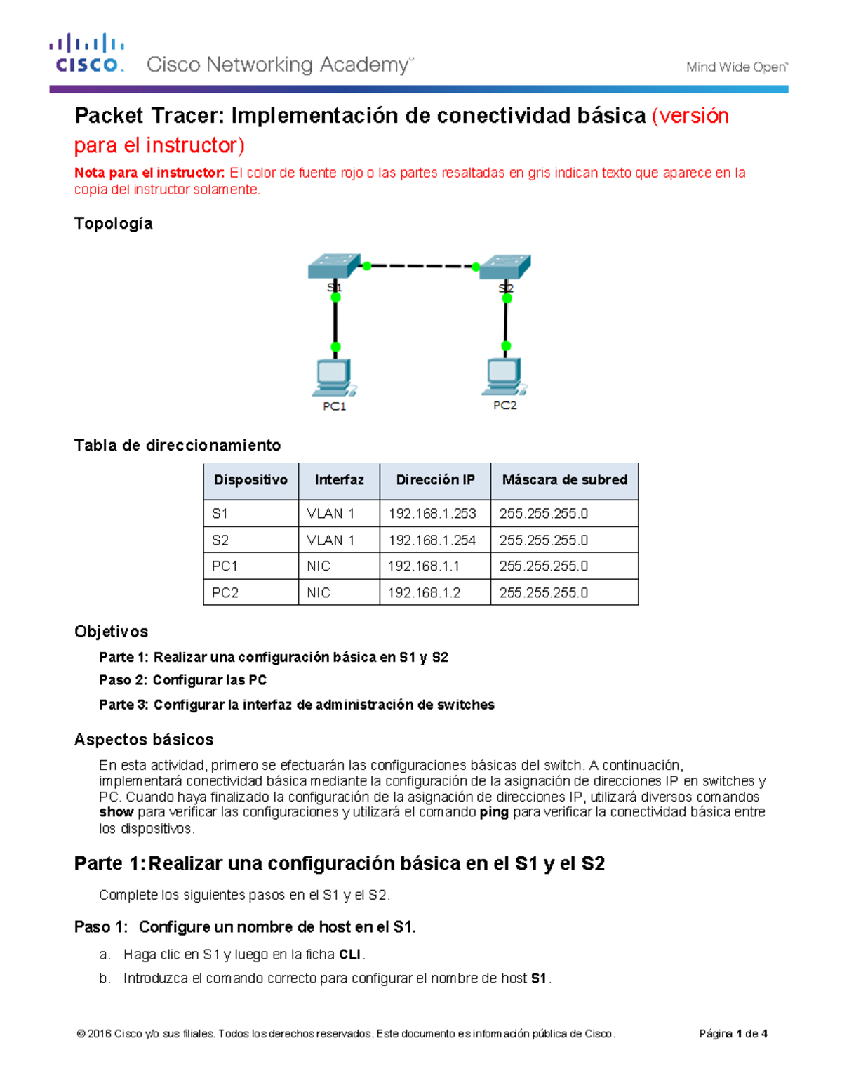 2.3.2.5 Packet Tracer - Implementing Basic Connectivity - ILM - Packet Tracer: Implementación de ...