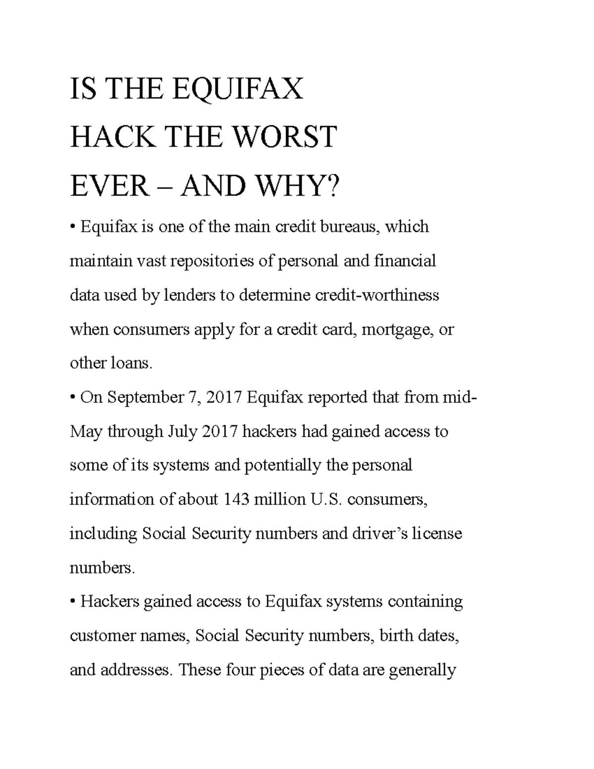 Equifax - Case study quiz - IS THE EQUIFAX HACK THE WORST EVER – AND ...