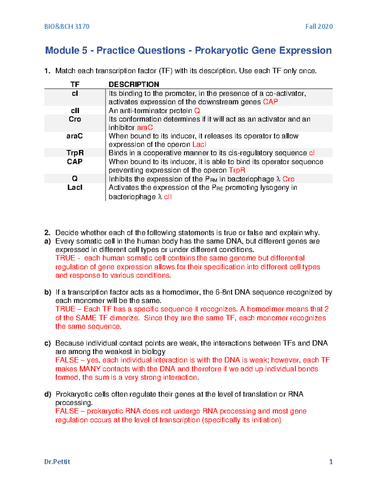 Module 5 - Practice Problems Biobch 3170 Solutions - Module 5 ...