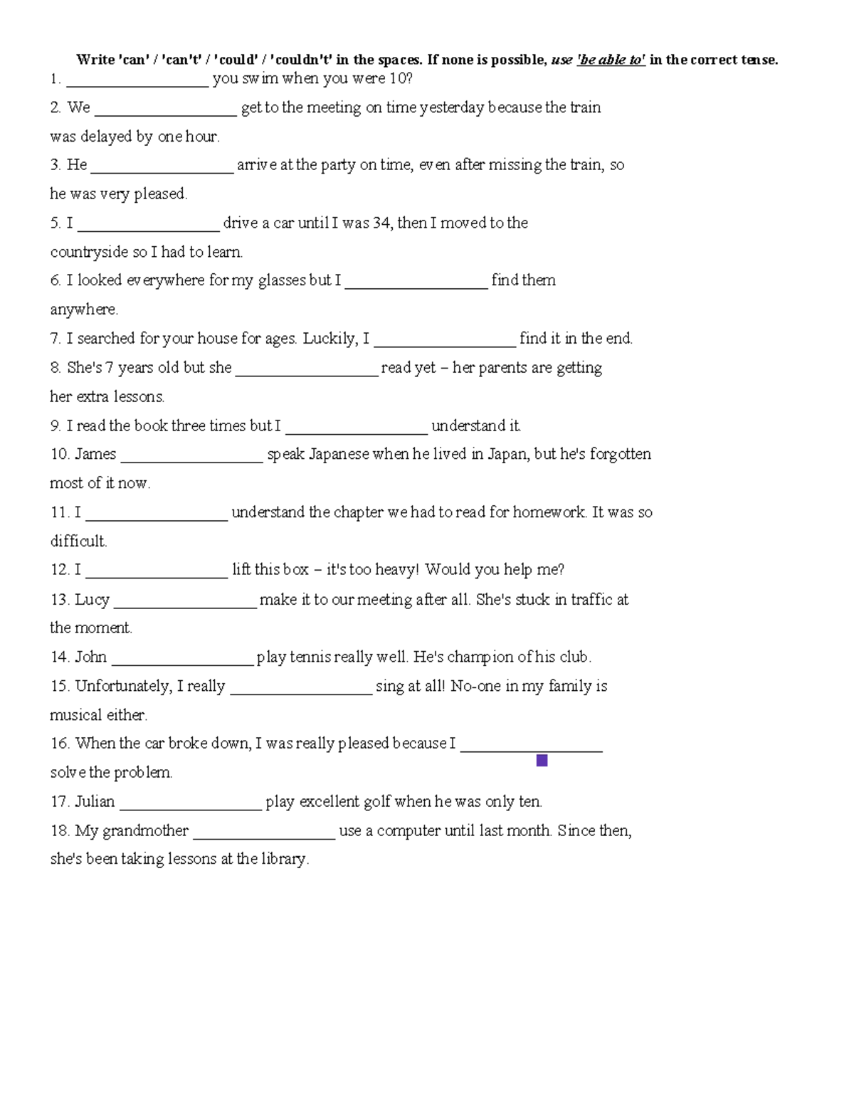 Worksheet - Can- Could Ability - Write 'can' / 'can't' / 'could ...