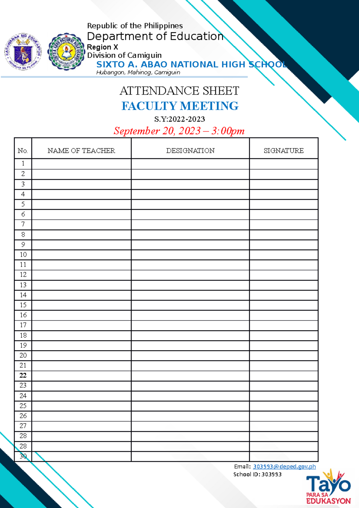 Meetings-Attendance-Sheet - Department of Education Region X Division ...