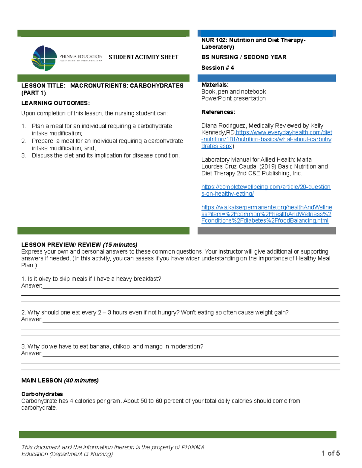 Session 4 - SAS - STUDENT ACTIVITY SHEET NUR 102: Nutrition and Diet ...