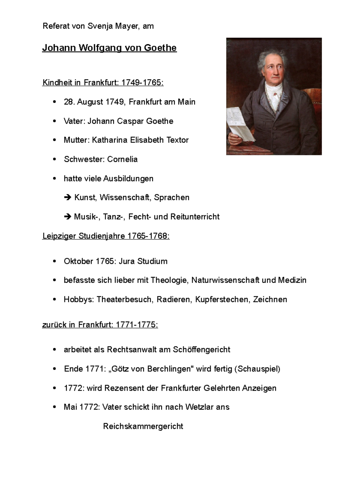 Deutsch 2. Handout - Referat von Svenja Mayer, am Johann Wolfgang von ...
