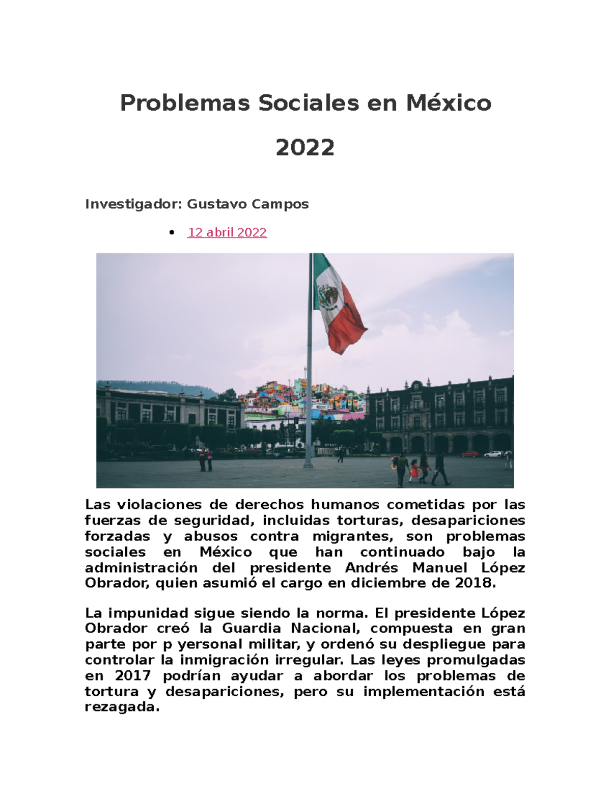 Problemas Sociales EN Mexico - Problemas Sociales en México 2022 Investigador: Gustavo Campos 12 ...