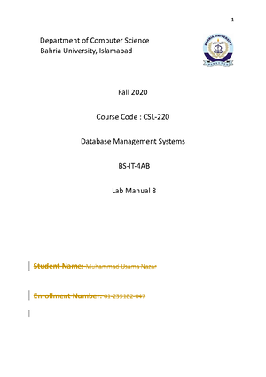 DBMS Lab 10 - DBMS Lab 10 - 1 Department of Computer Science Bahria University, Islamabad Fall ...