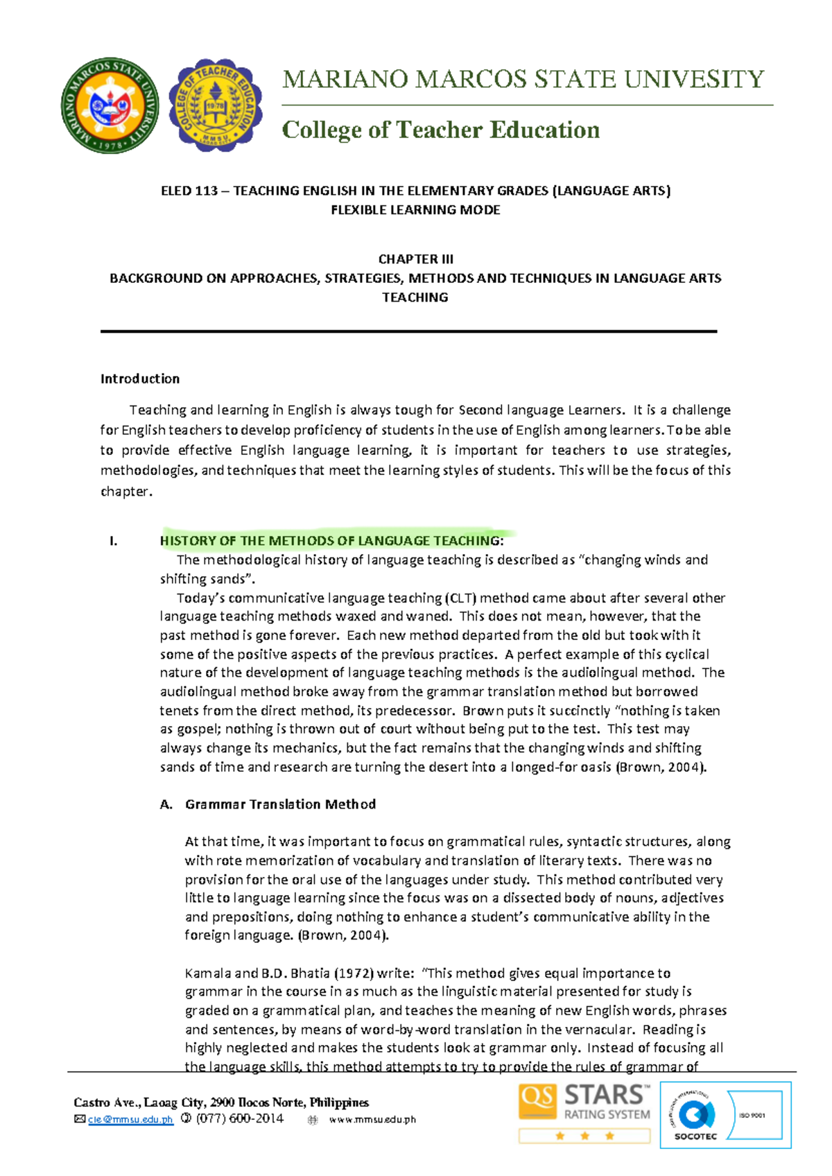 ELED 113 Chapter 3 Lecture Notes - College of Teacher Education Castro ...