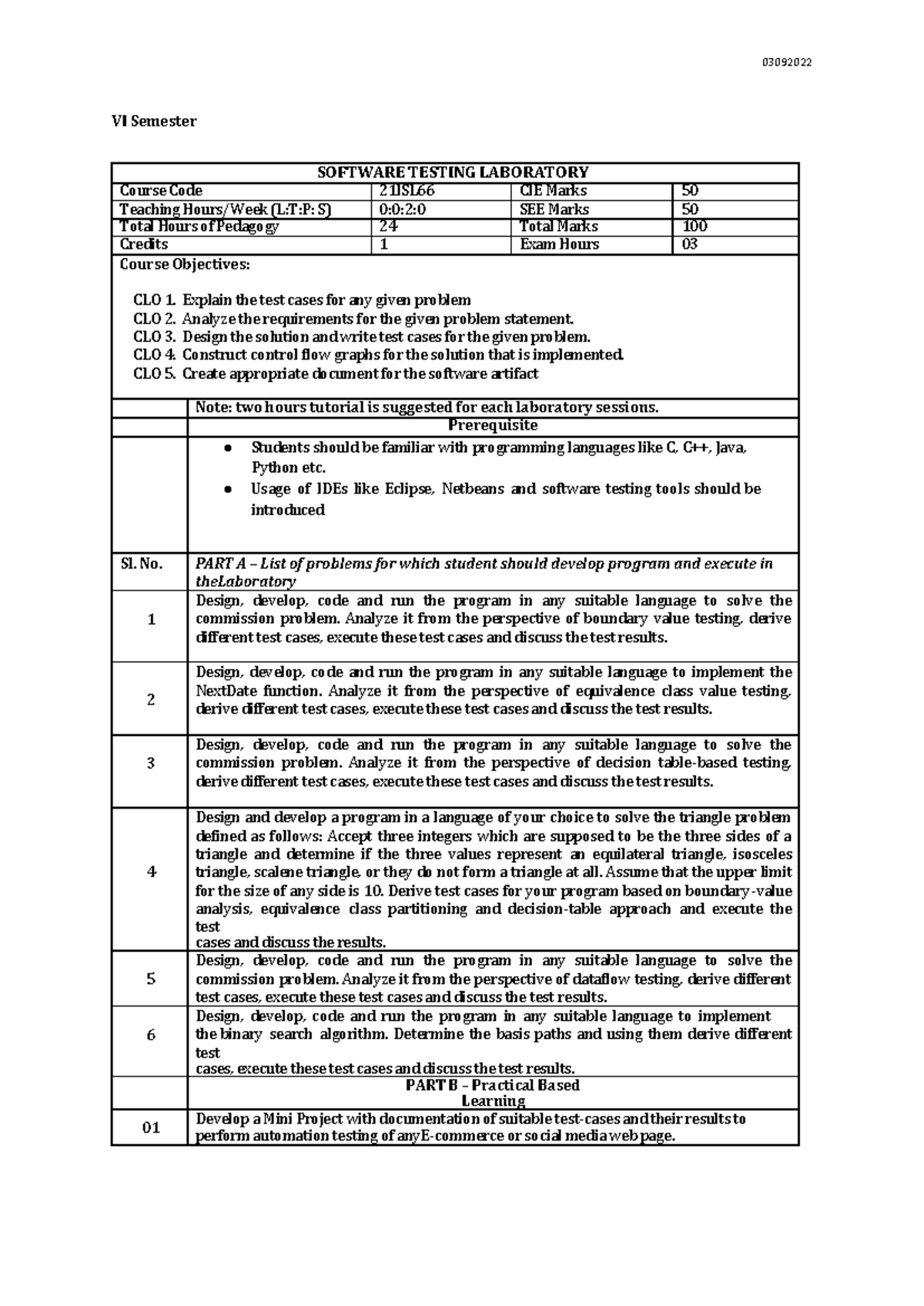 21isl66 St Lab Syllabus 03092022 Vi Semester Software Testing