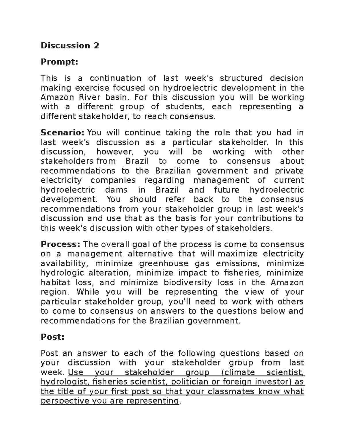 EVS 519 Discussion 2 - Discussion 2 Prompt: This is a continuation of last week's structured ...