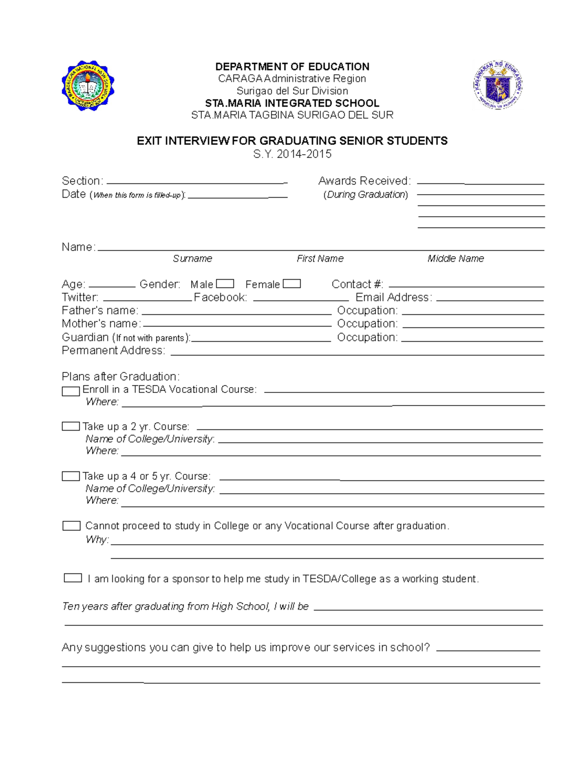 Exit form for graduating students - DEPARTMENT OF EDUCATION CARAGA ...
