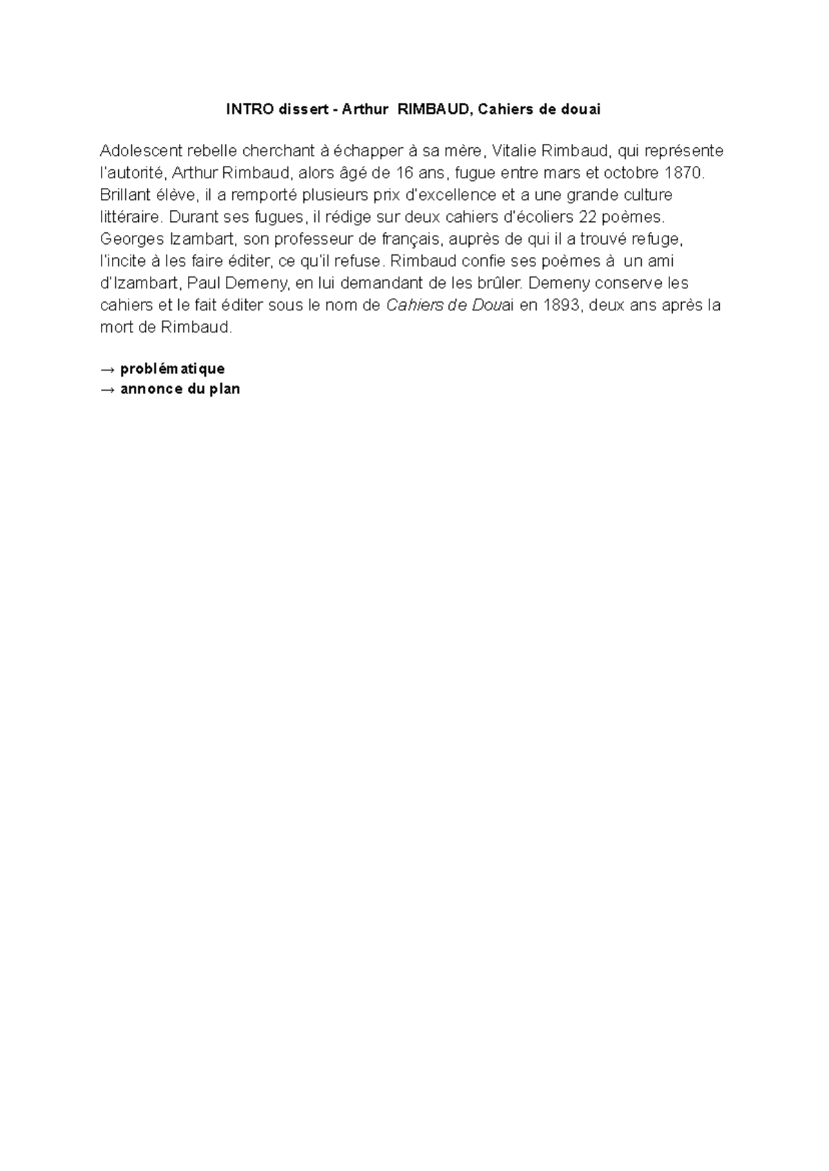 intro de dissert - Cahiers de Douai, Arthur RIMBAUD - INTRO dissert - Arthur RIMBAUD, Cahiers de ...