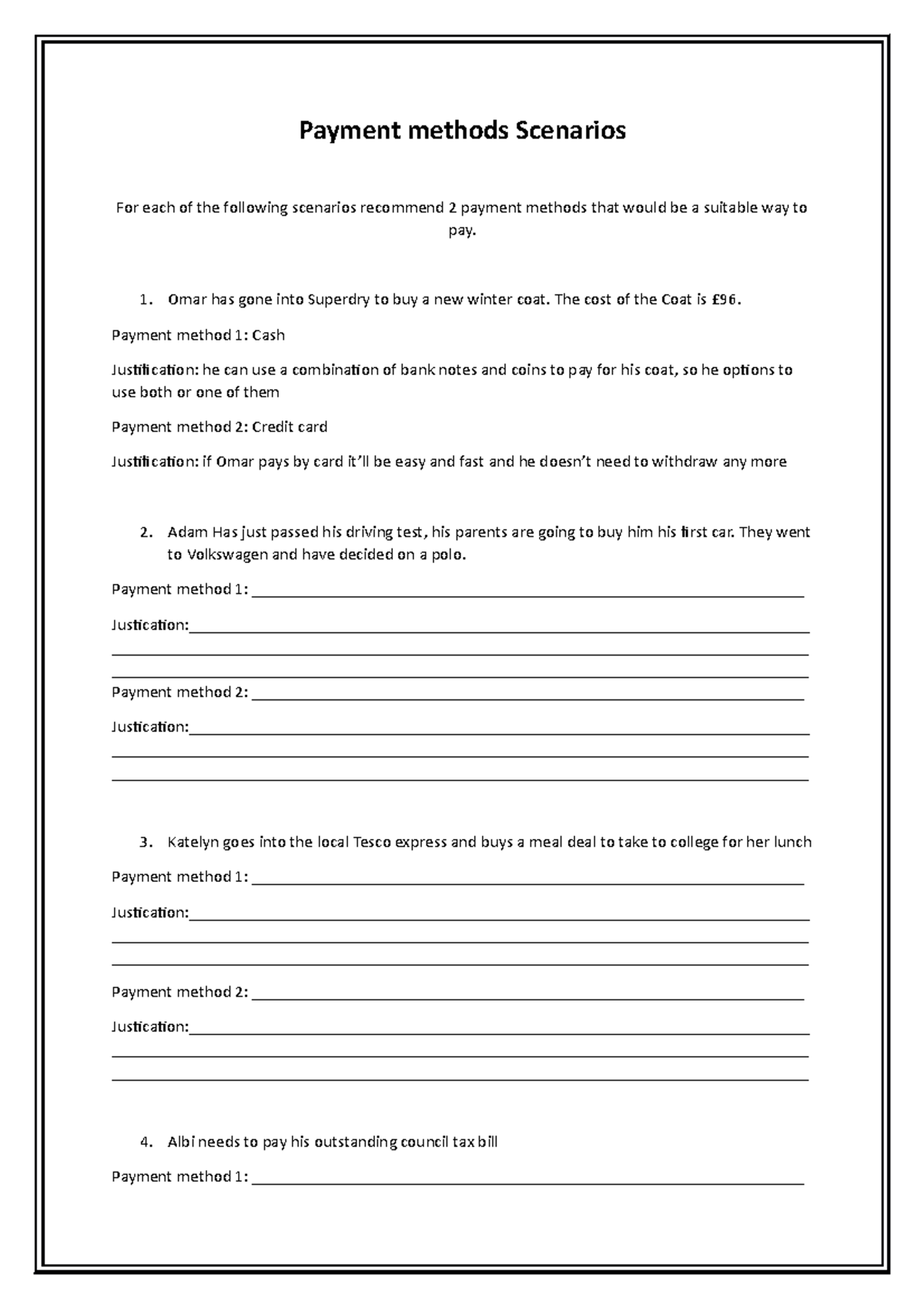 WS 04 - Payment methods Scenarios - Payment methods Scenarios For each ...