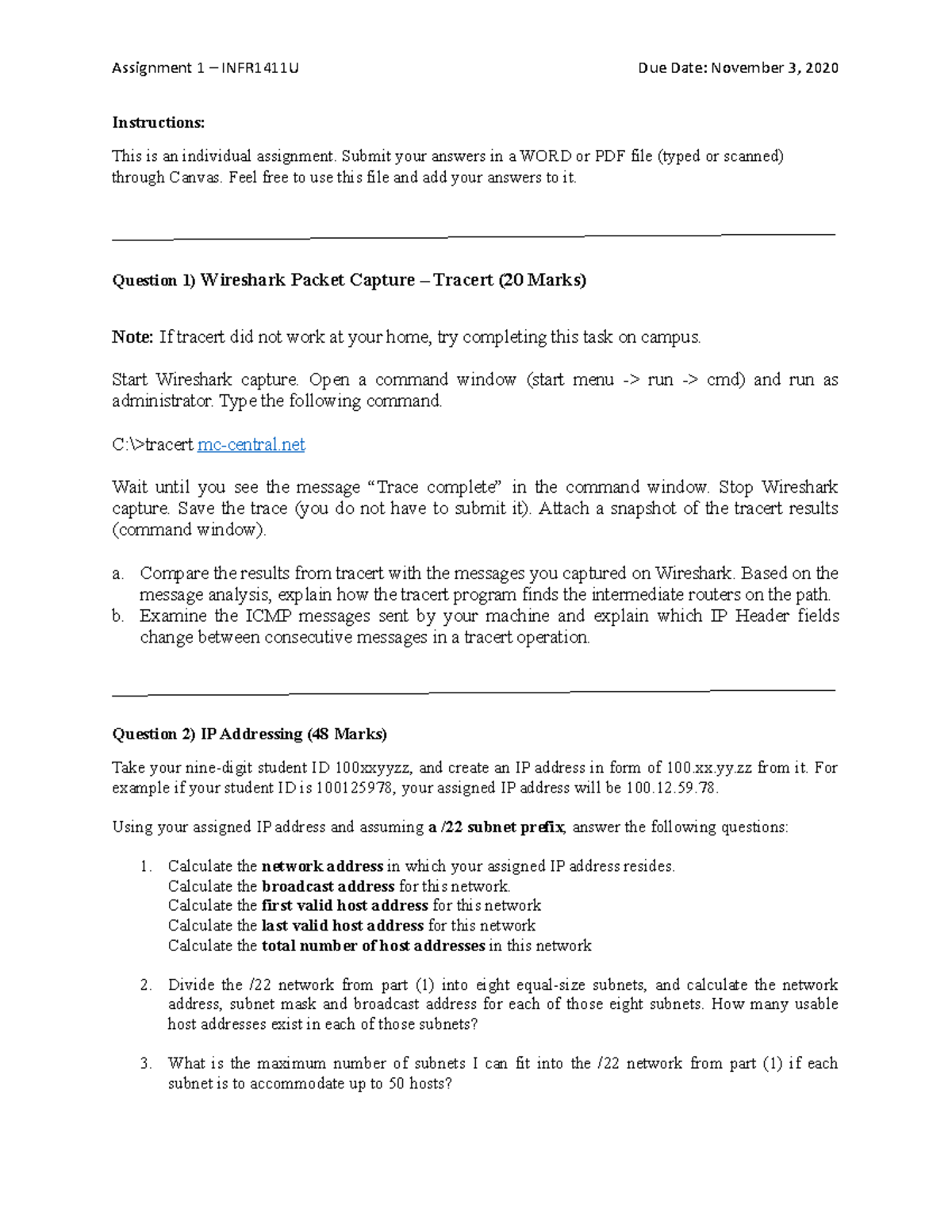 Assignment 1 - intro to networking - Assignment 1 – INFR1411U Due Date ...