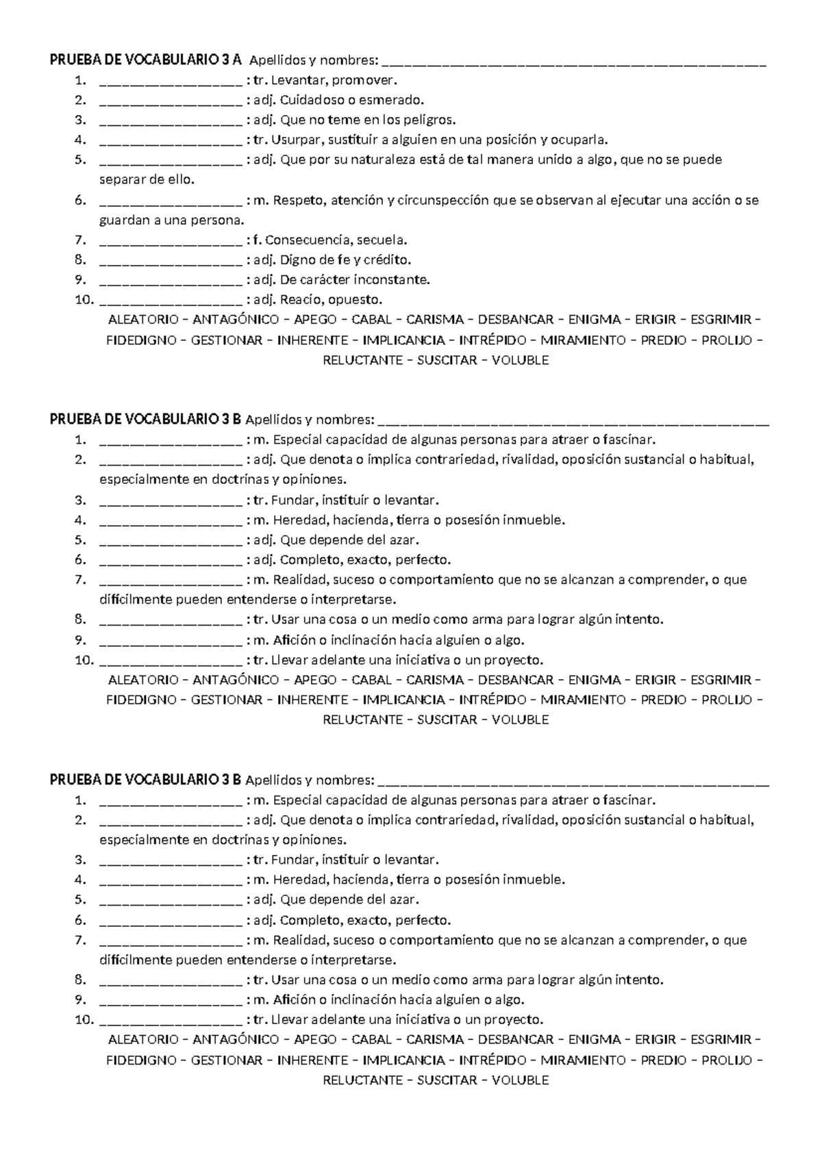 Prueba DE Vocabulario 3 - PRUEBA DE VOCABULARIO 3 A Apellidos y nombres ...