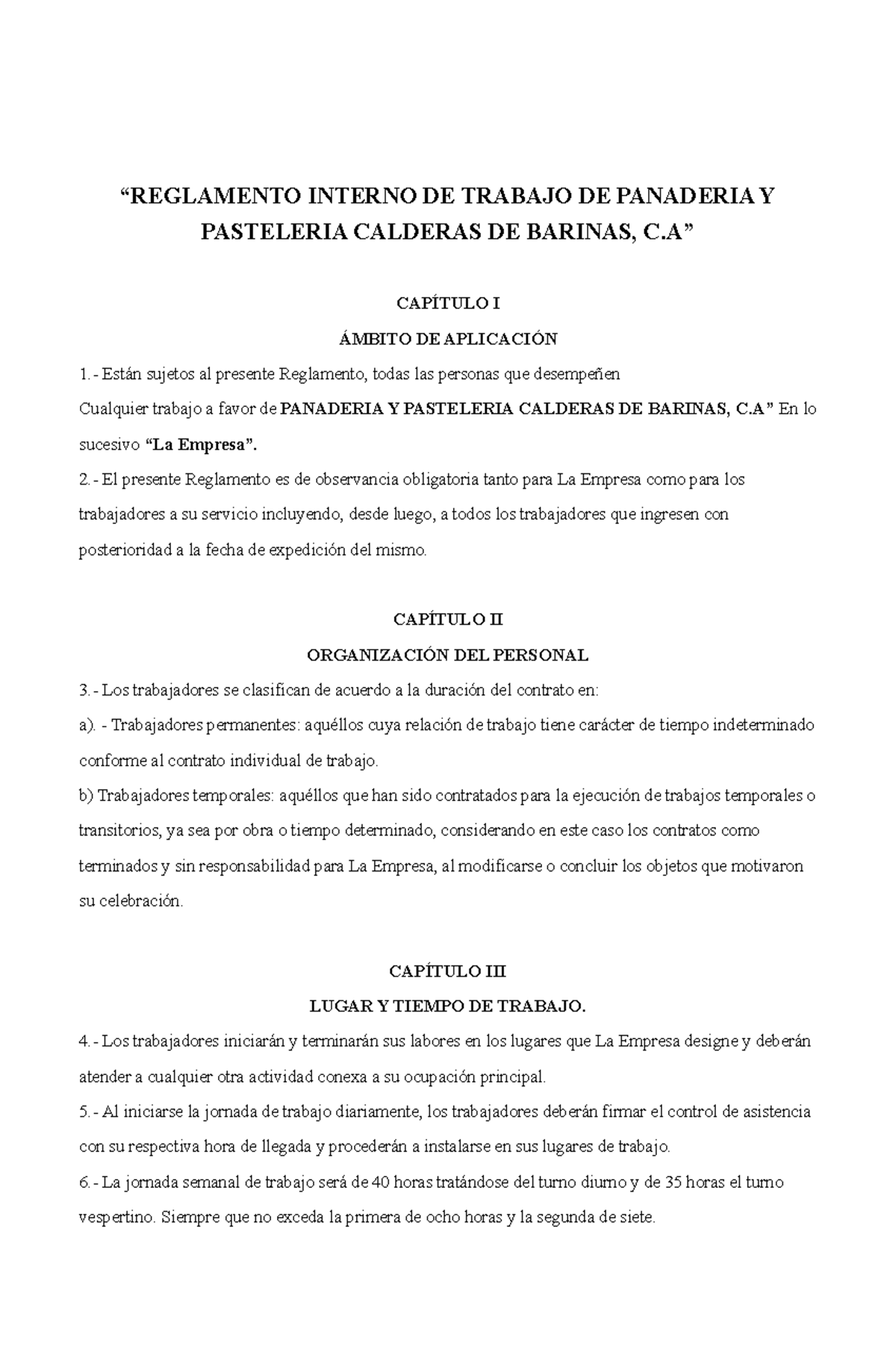 Reglamento Interno DE Trabajo DE Panaderia Y Pasteleria Calderas DE ...