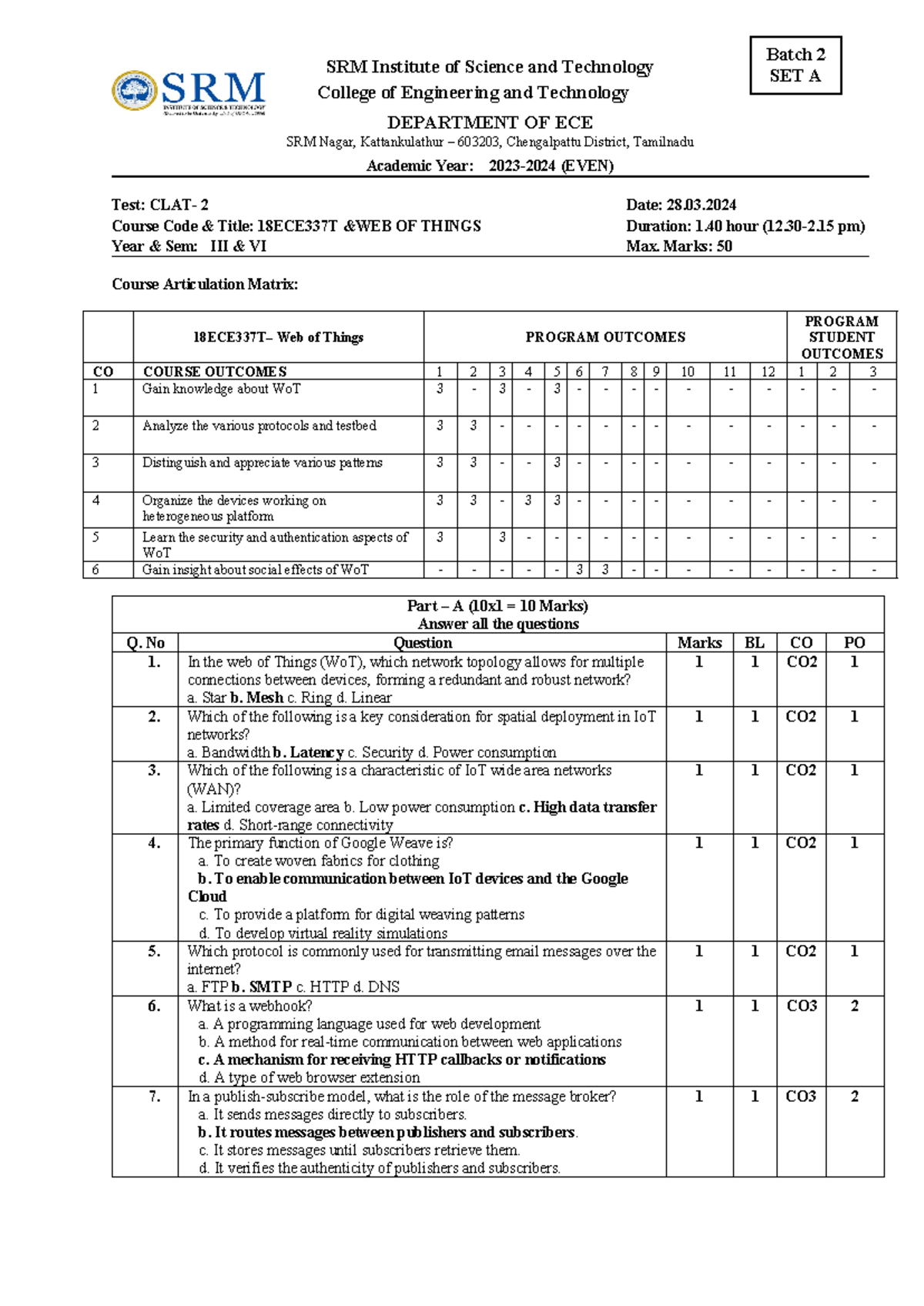 Ct2 Answer key Set A - Previous year paper - SRM Institute of Science and Technology College of ...