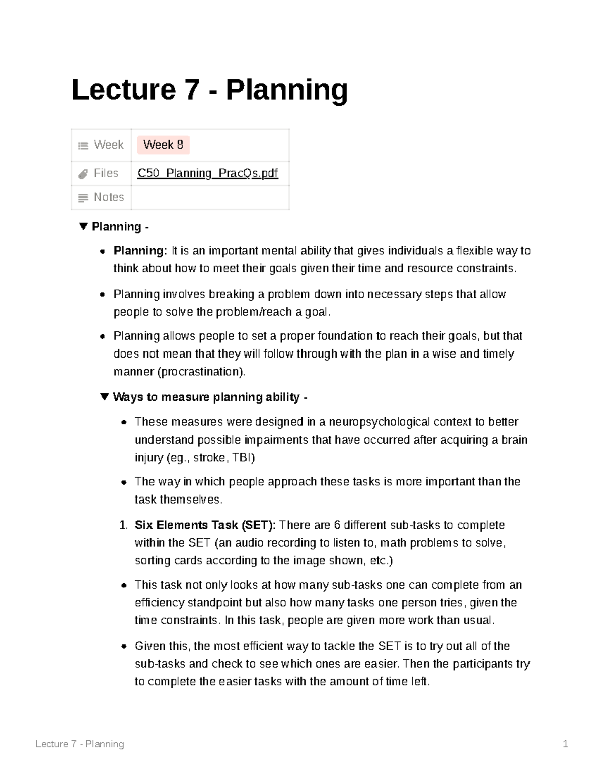 Lecture 7 - Planning - Lecture 7 - Planning Week Week 8 Files C50 ...