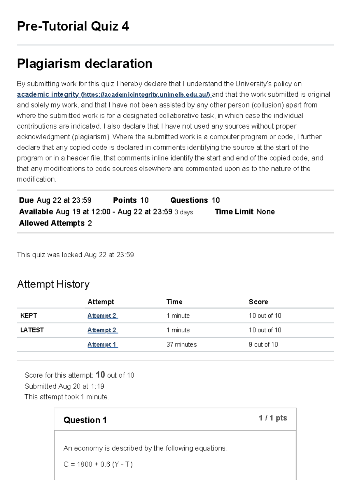Pre-Tutorial Quiz 4 answer 2021 sem2 - ECON10003 - Unimelb - Studocu