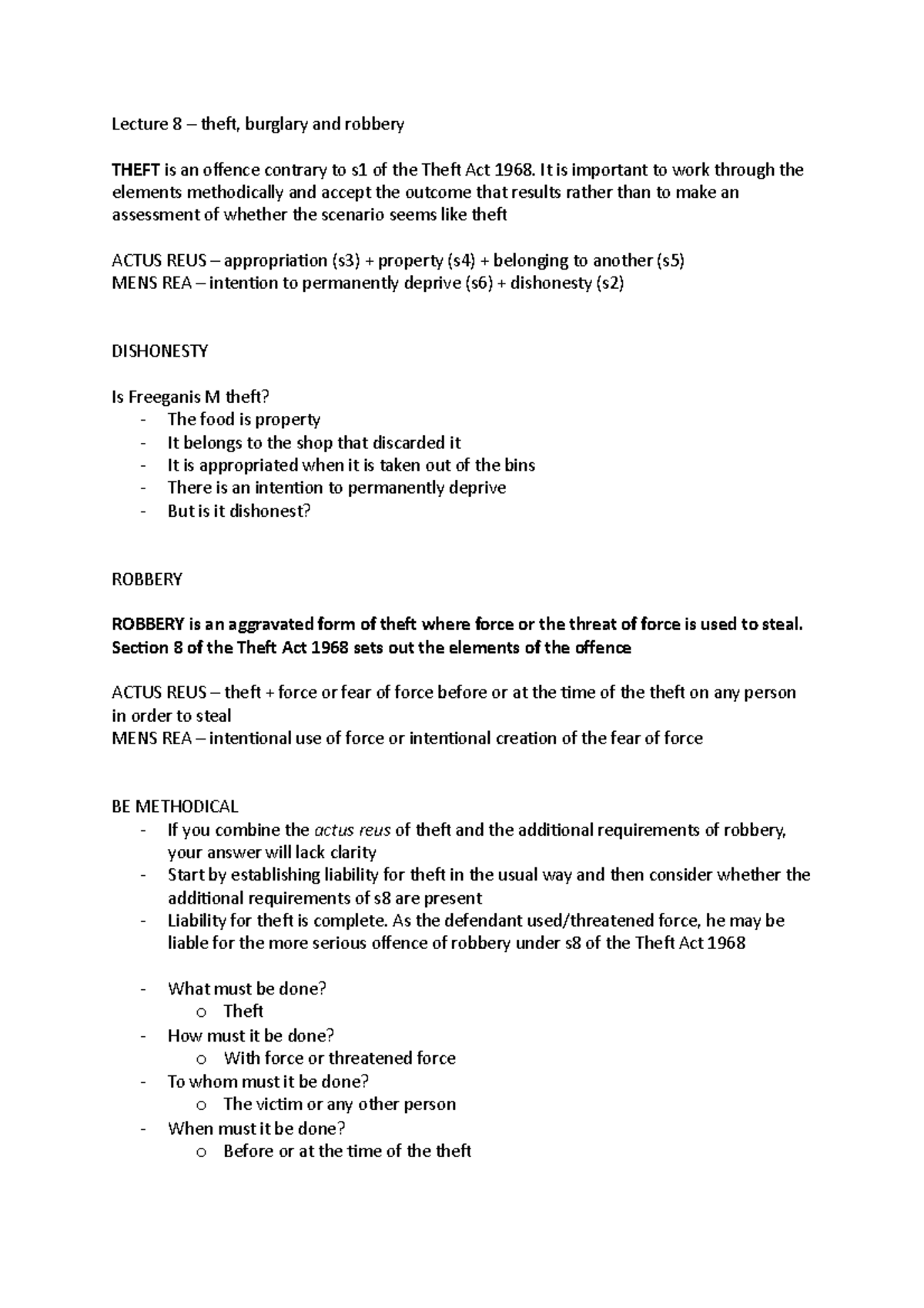 Lecture 8 - theft, burglary and robbery - Lecture 8 – thet, burglary ...