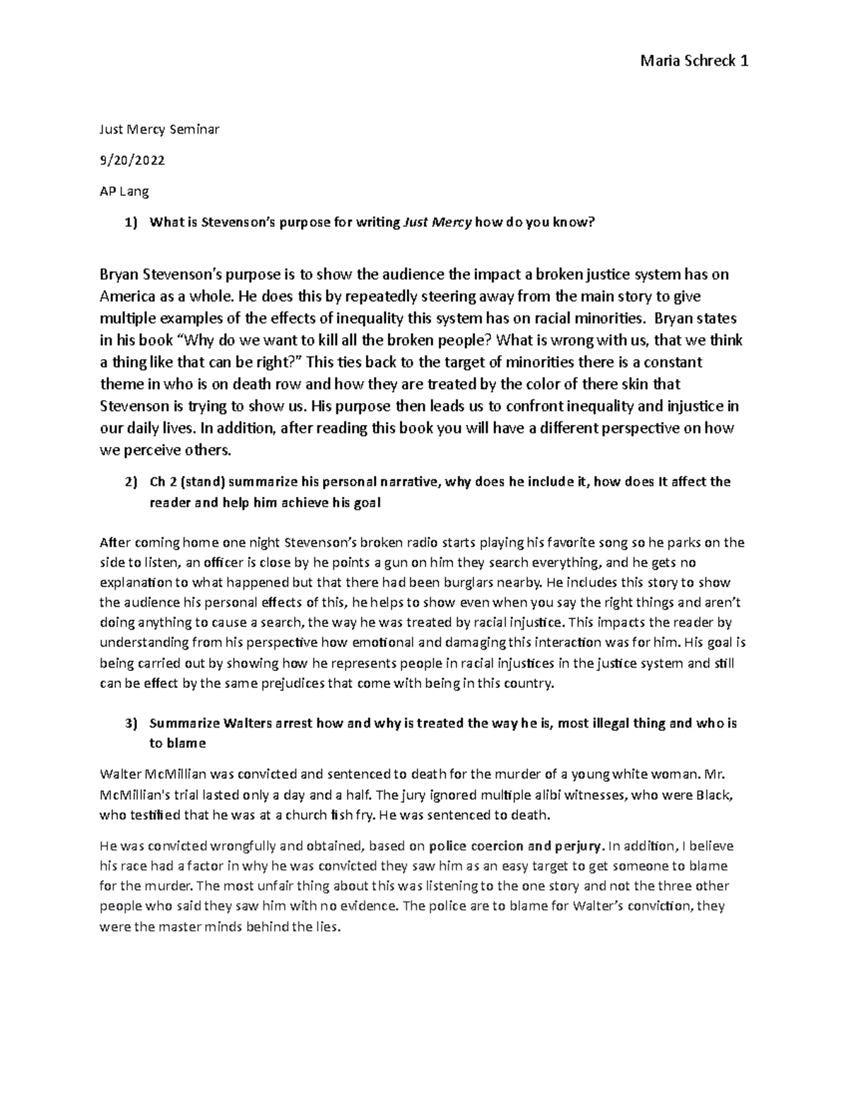 Just Mercy Seminar - Maria Schreck 1 Just Mercy Seminar 9/20/ AP Lang ...