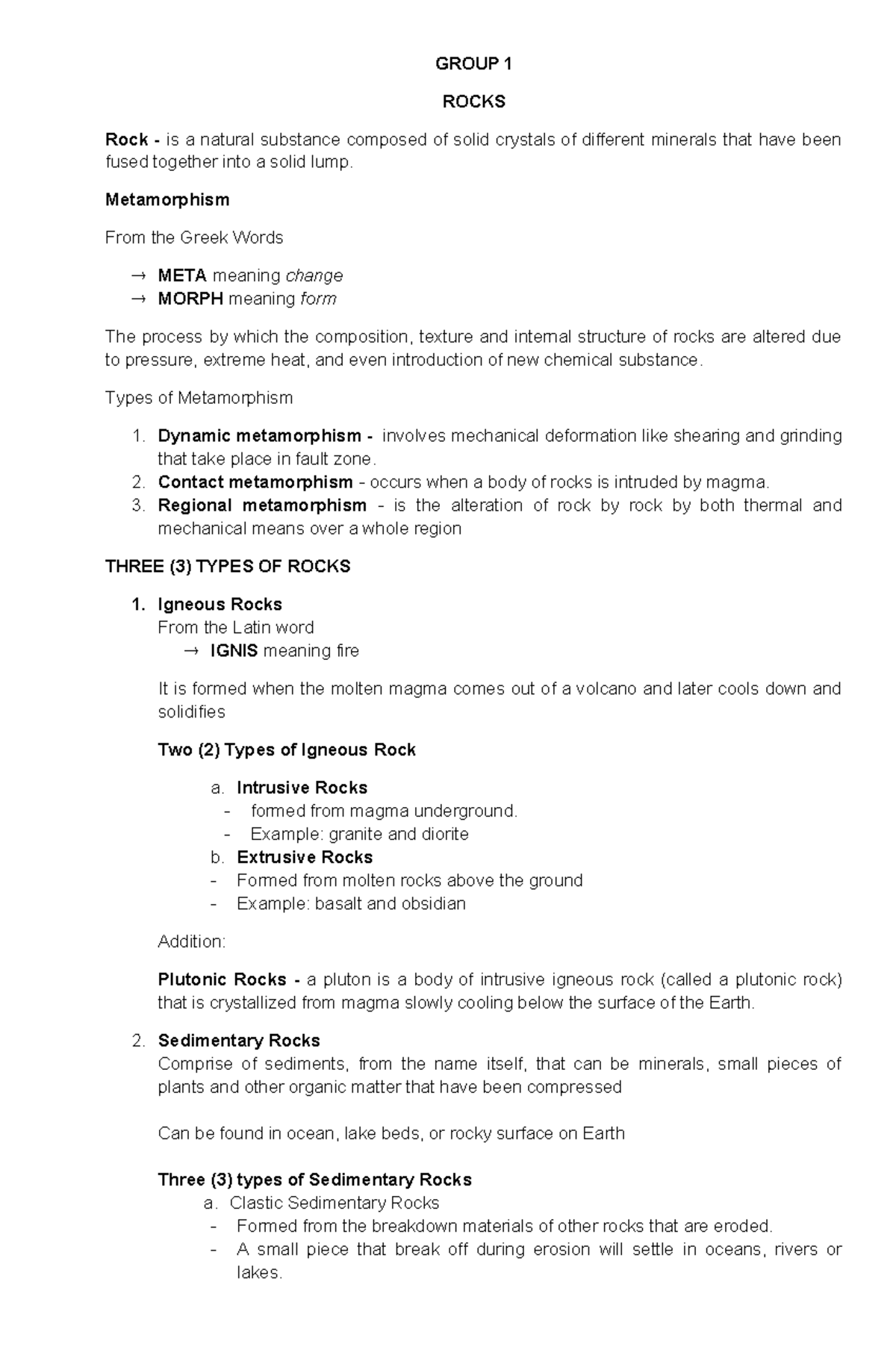 Types of Rocks - Description and short exercise - GROUP 1 ROCKS Rock ...