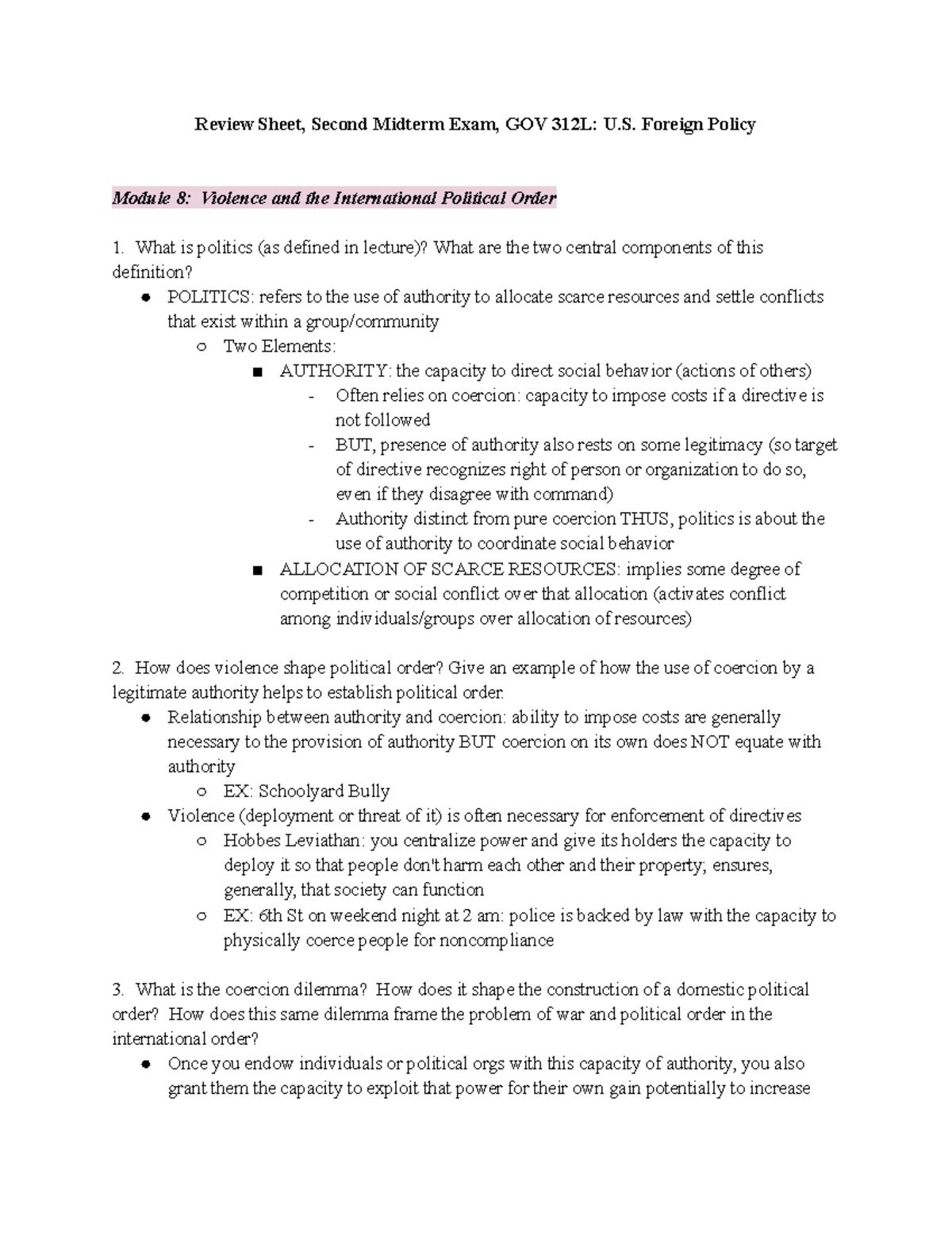 GOV 312L Exam 2 Review - Review Sheet, Second Midterm Exam, GOV 312L: U. Foreign Policy Module 8 ...