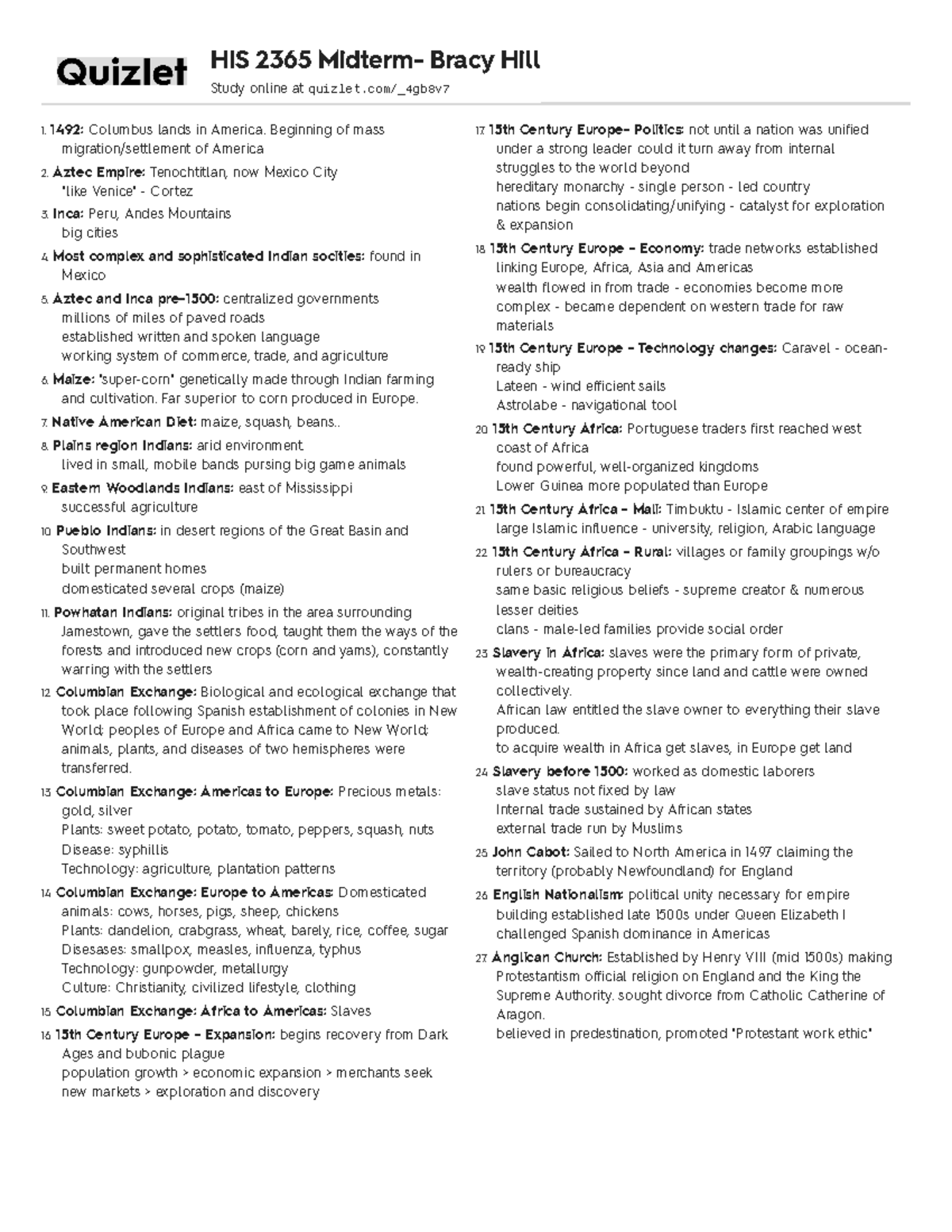 3 - HIS 2365 Bracy Hill Study online at 1. 1492: Columbus lands in ...