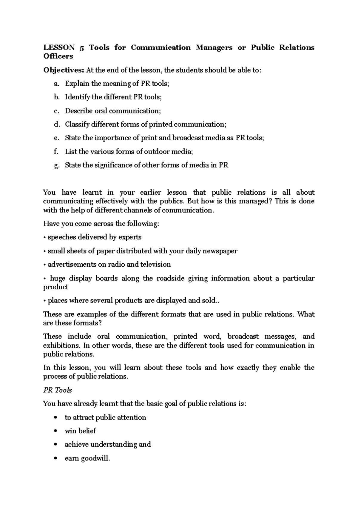 Lesson 5 Tools for Communication Managers or Public Relations Officers ...