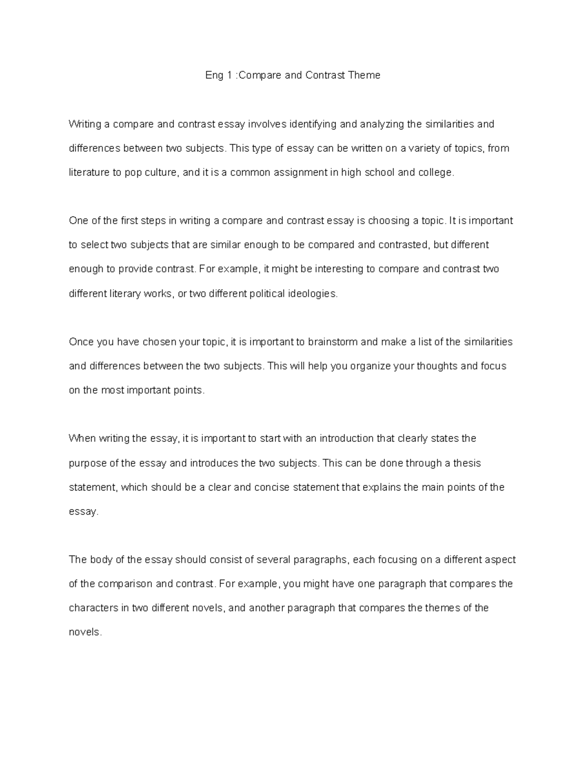 Eng 1 Compare and Contrast Theme - Eng 1 :Compare and Contrast Theme ...