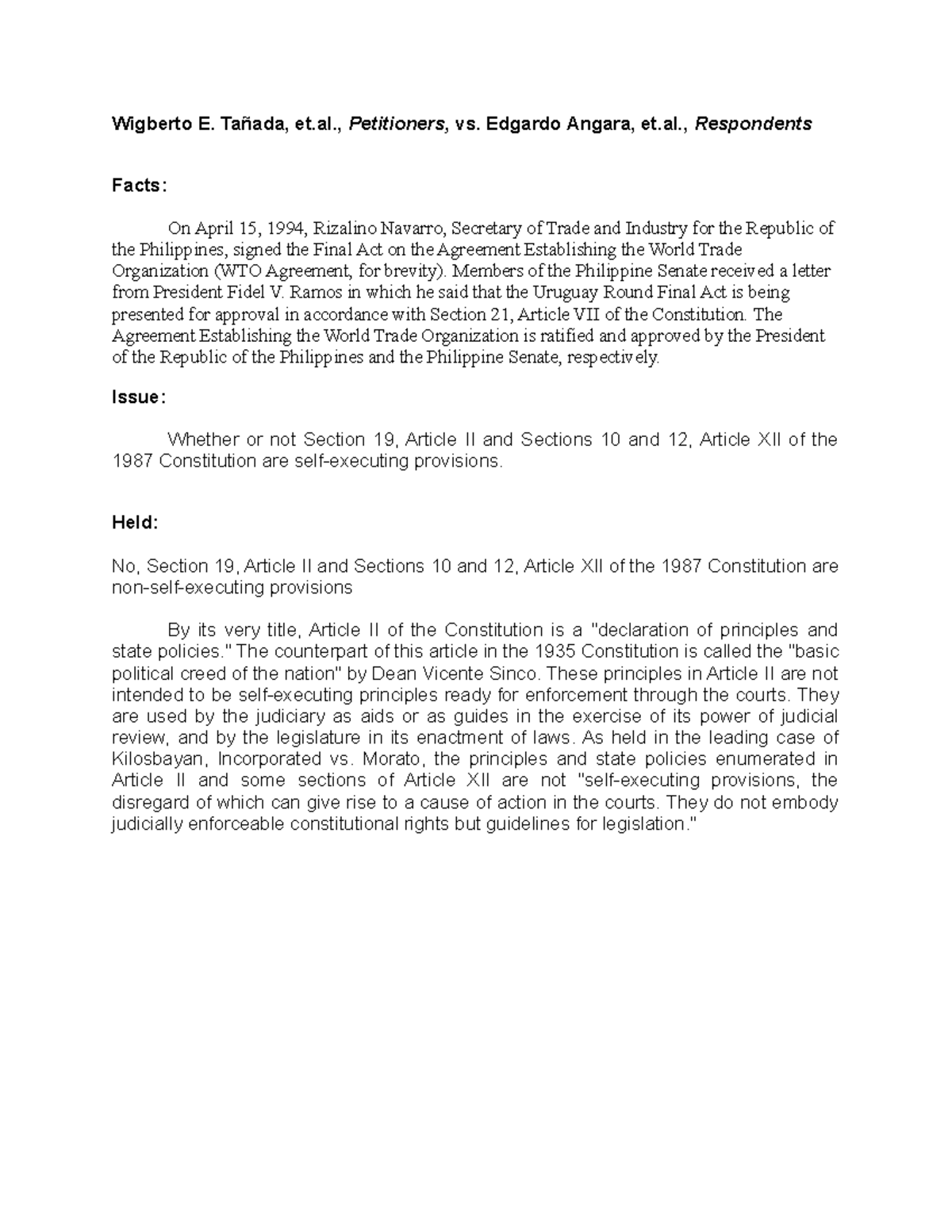 3 - Tañada vs Angara - N/A - Wigberto E. Tañada, et., Petitioners, vs ...