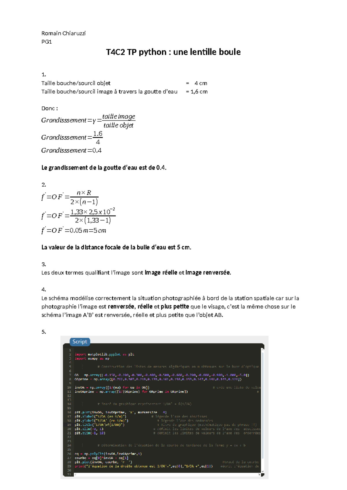 Physique chimie - Romain Chiaruzzi PG T4C2 TP python : une lentille boule 1. Taille bouche ...