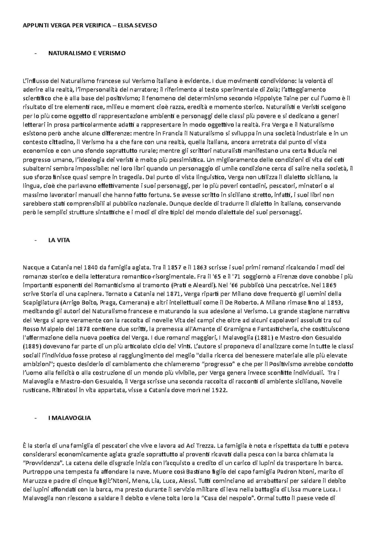 Appunti Verga PER Verifica - APPUNTI VERGA PER VERIFICA – ELISA SEVESO ...
