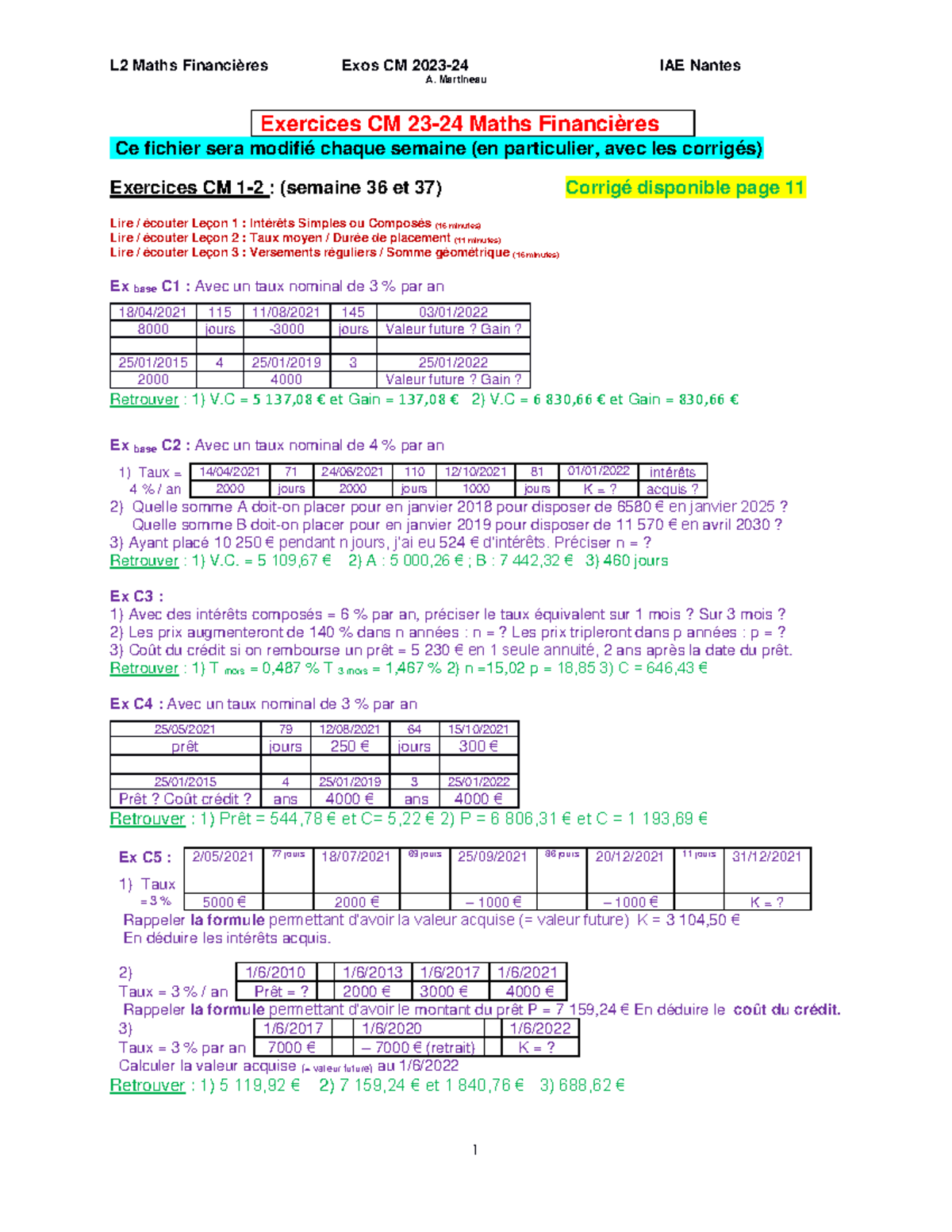 L2 Maths Fi Programme + Exos CM 23-24 - A. Martineau Exercices CM 23 - 24 Maths Financières Ce ...