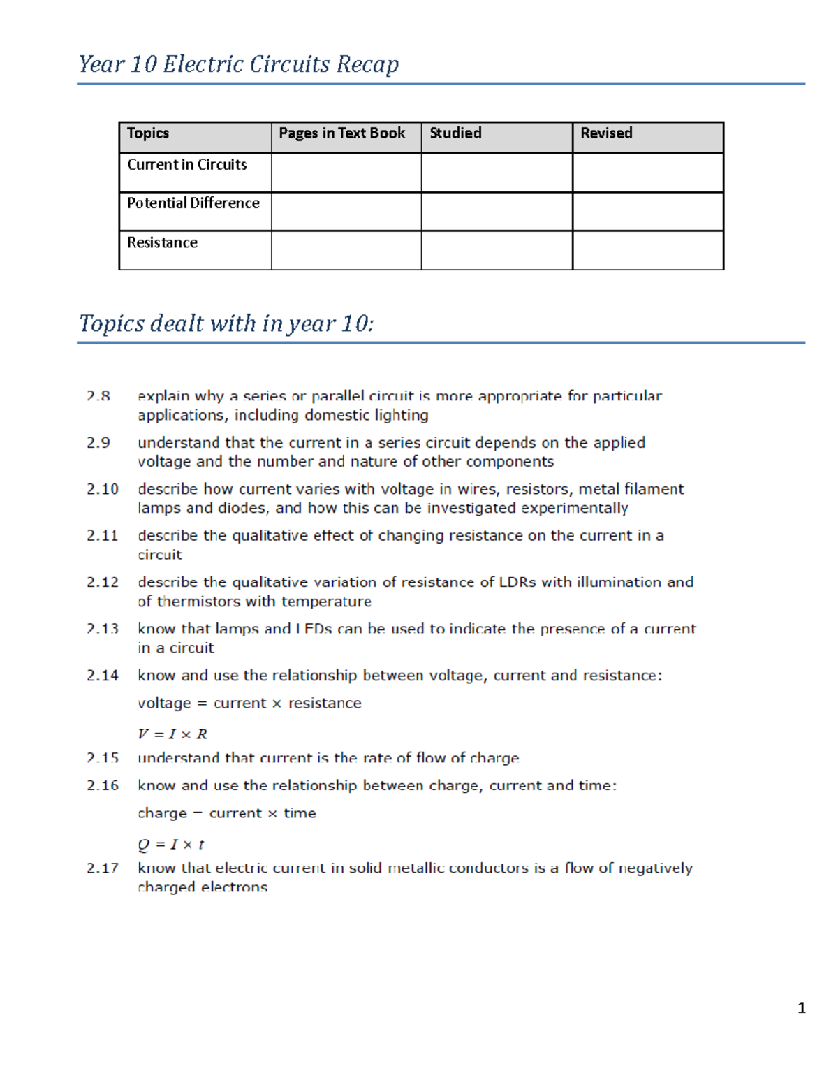 Booklet 0 Electricity Recap - Year 10 Electric Circuits Recap Topics ...