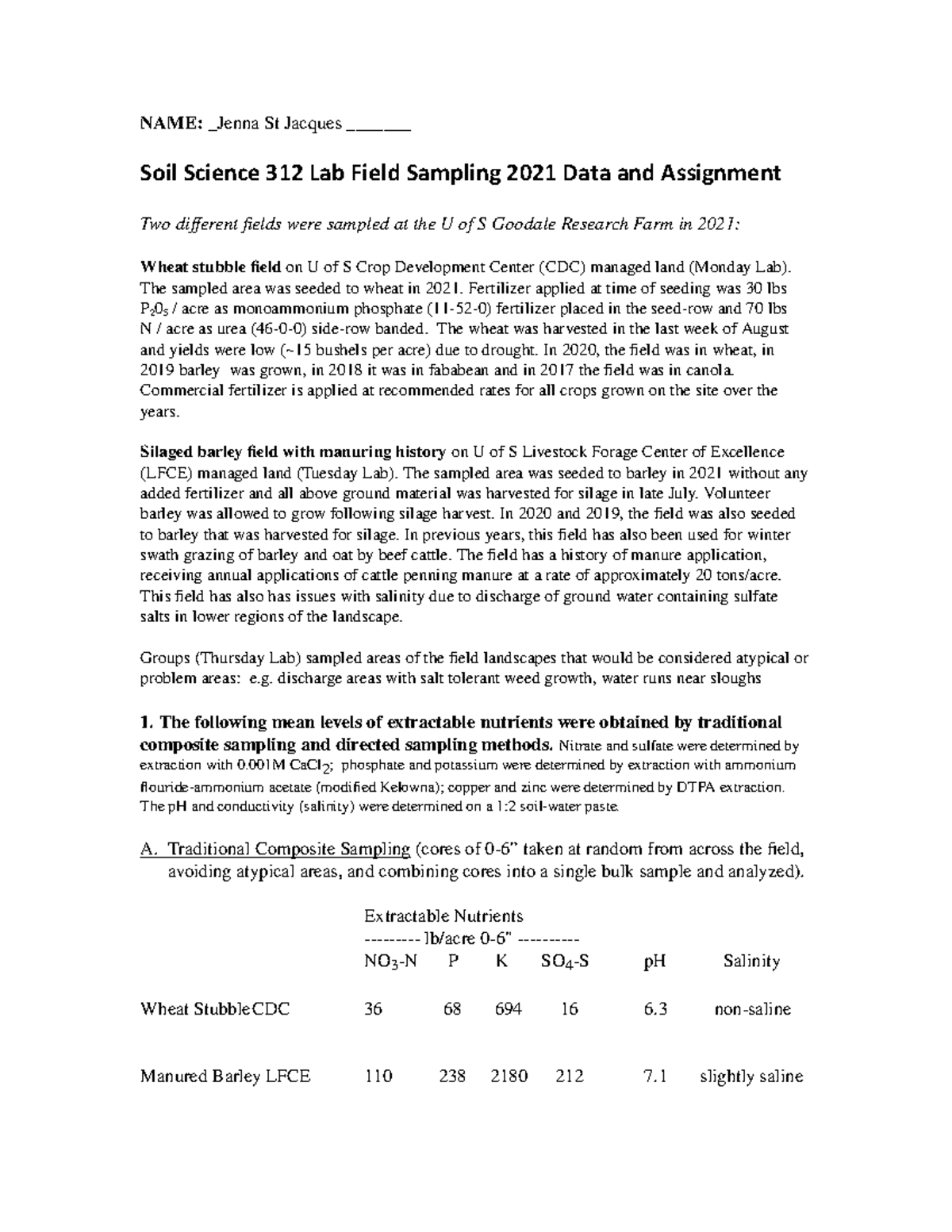 312 2021 Soil Sampling Lab Data and Assignment Word version - NAME ...