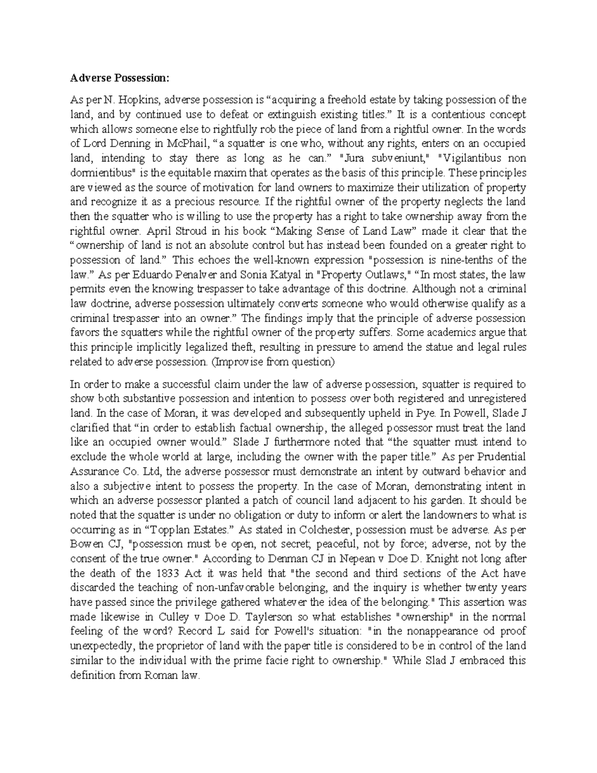 Adverse Possession Essay - Adverse Possession: As per N. Hopkins ...