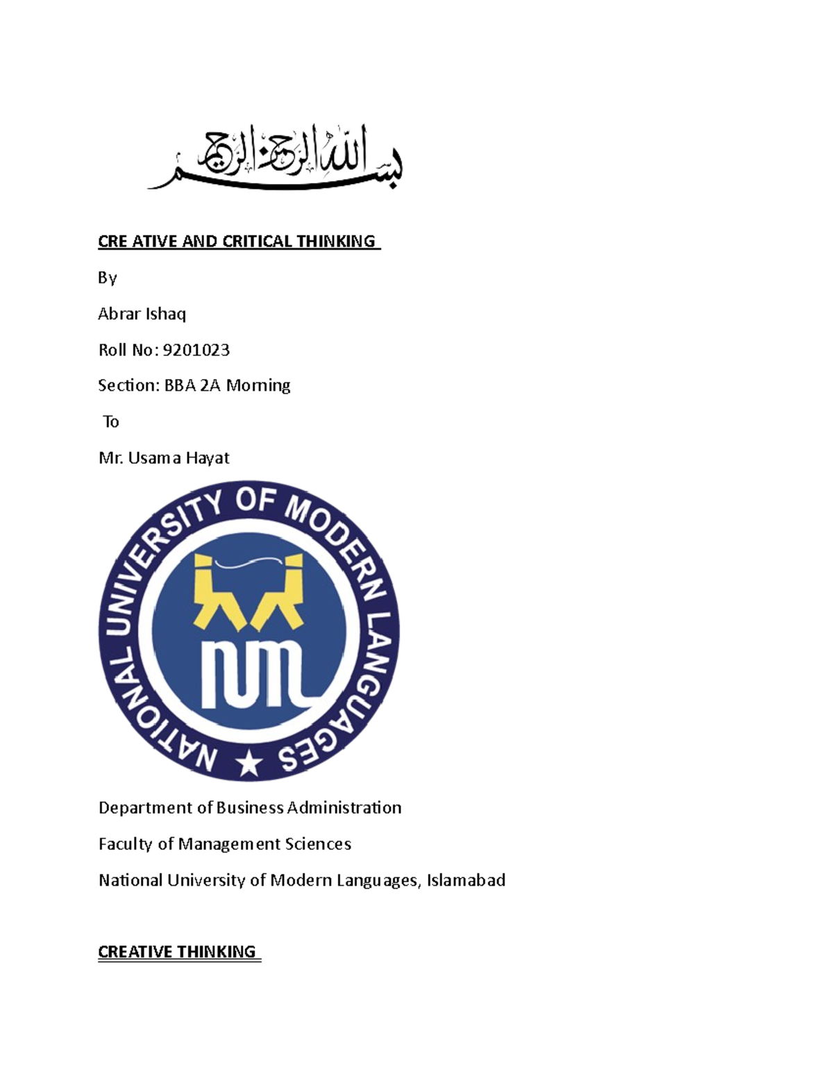 Creative%20AND%20 Critical%20 Thinking%20 Assignment 2 - CRE ATIVE AND ...