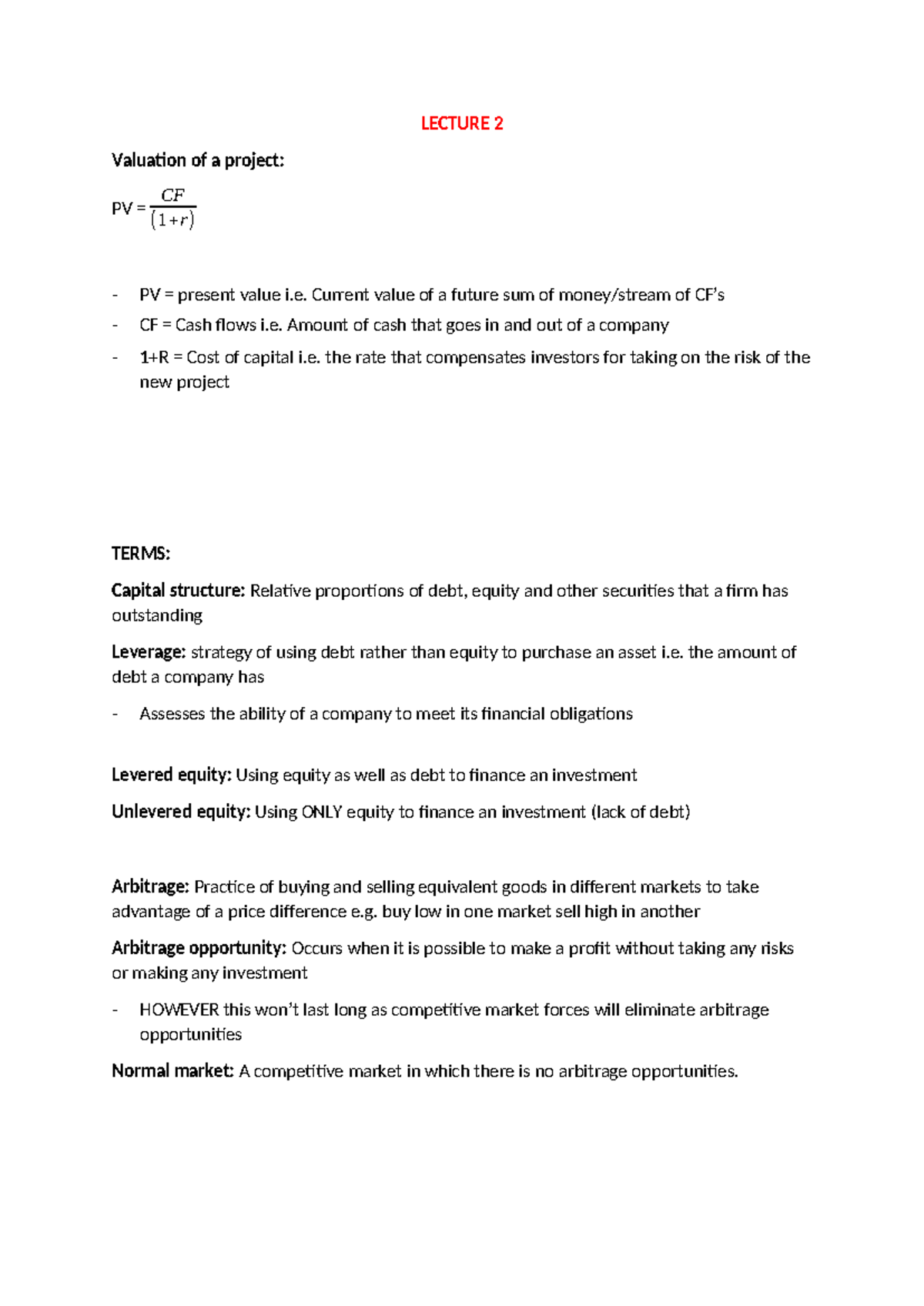 Lecture 2 - engingerring practice materials - LECTURE 2 Valuation of a project: PV = CF ( 1 +r ...