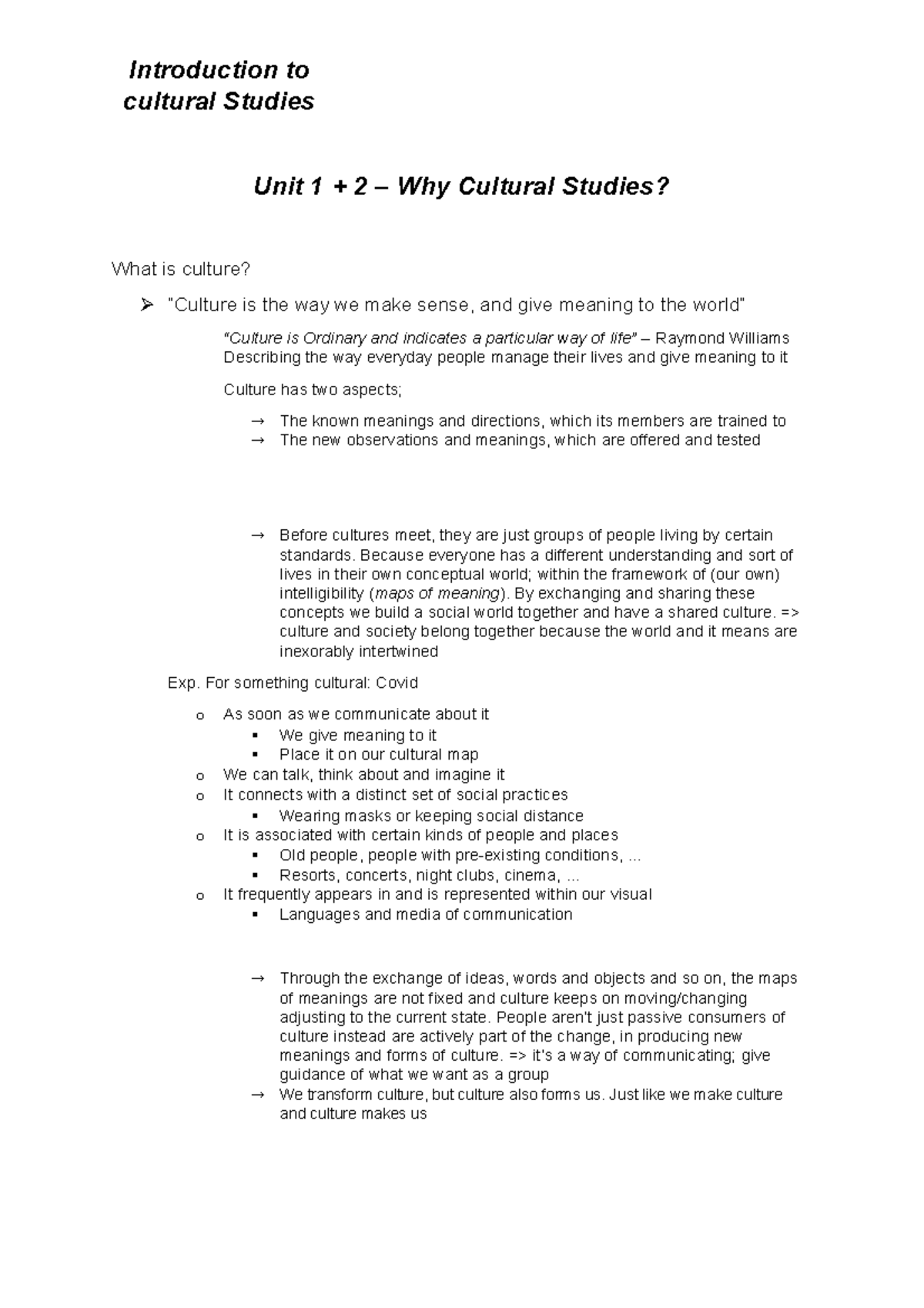 Introduction to cultural studies Unit 1 and 2 - Introduction to ...