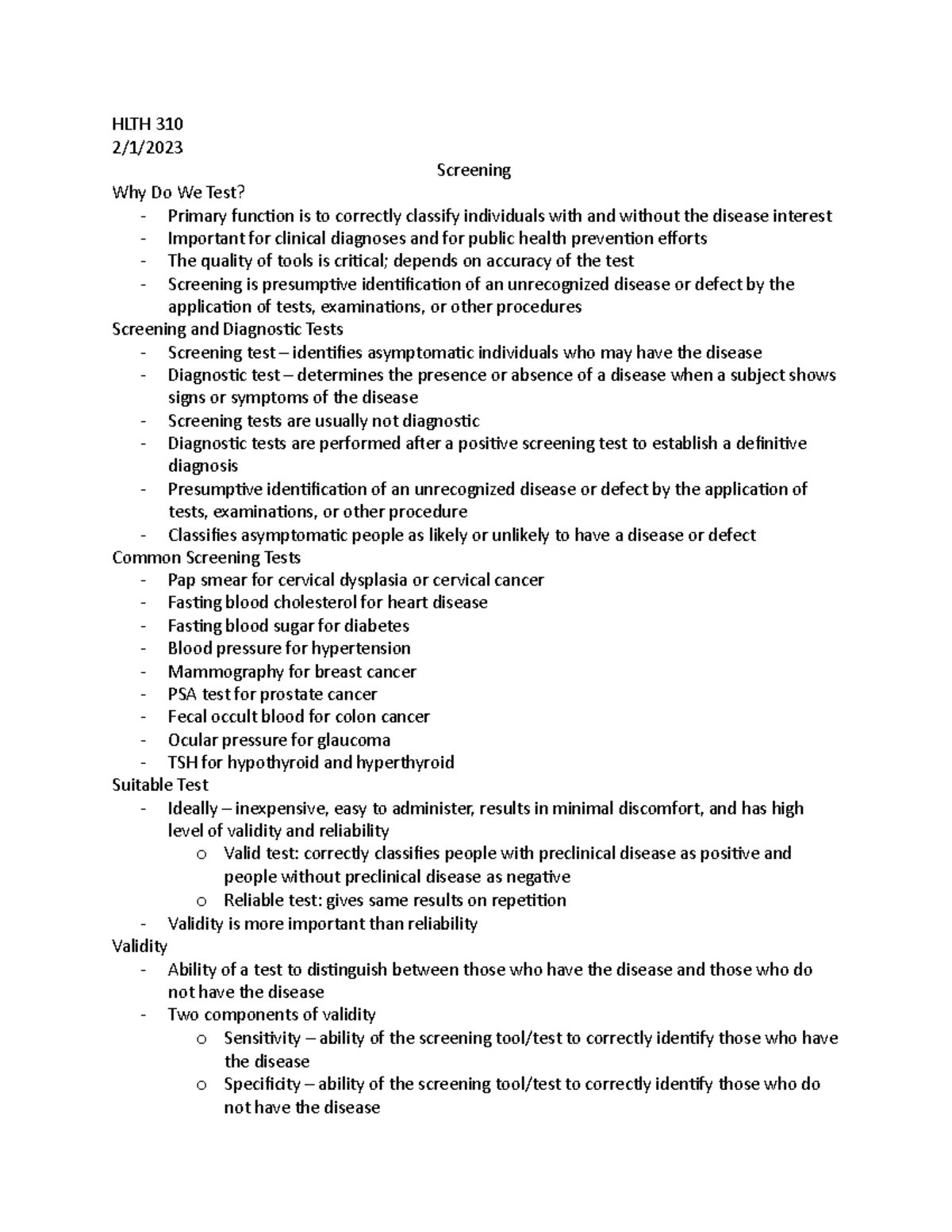 Screening - In class notes - HLTH 310 2/1/ Screening Why Do We Test ...