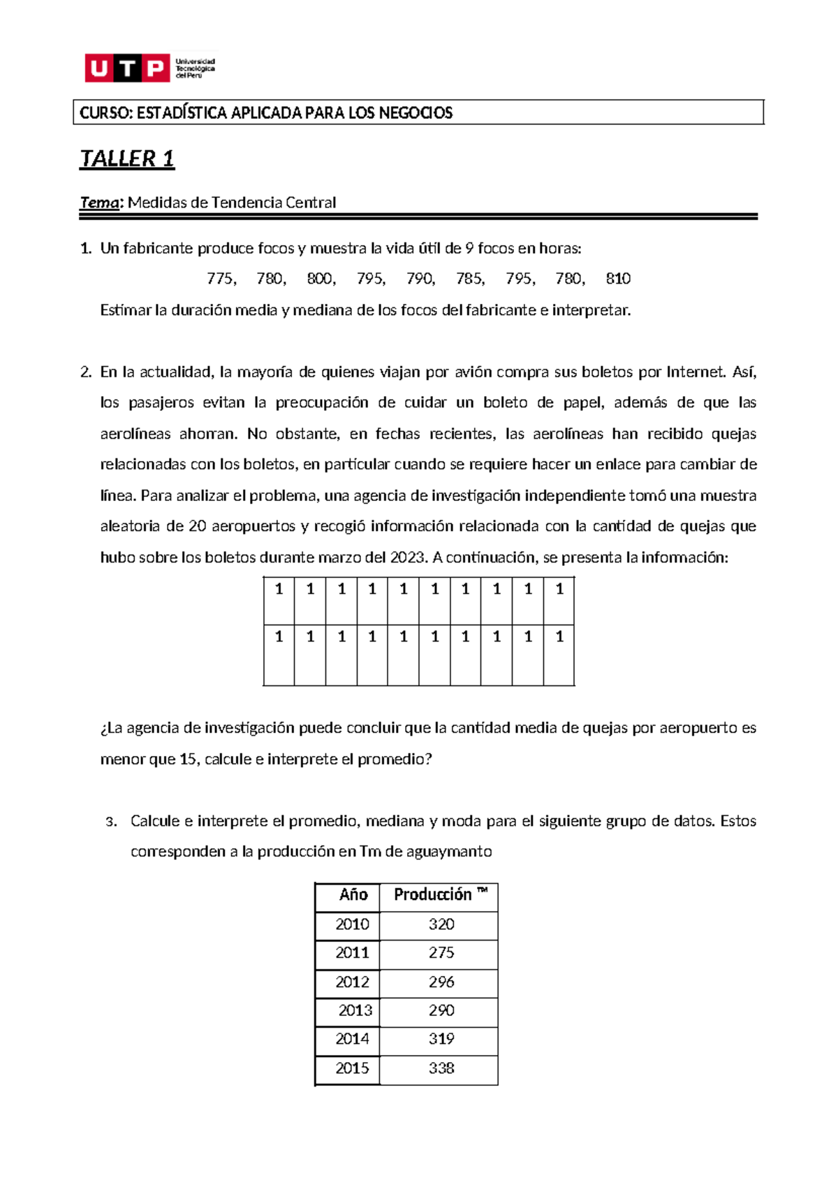 Taller 1 Jjj Curso Estadística Aplicada Para Los Negocios Taller 1